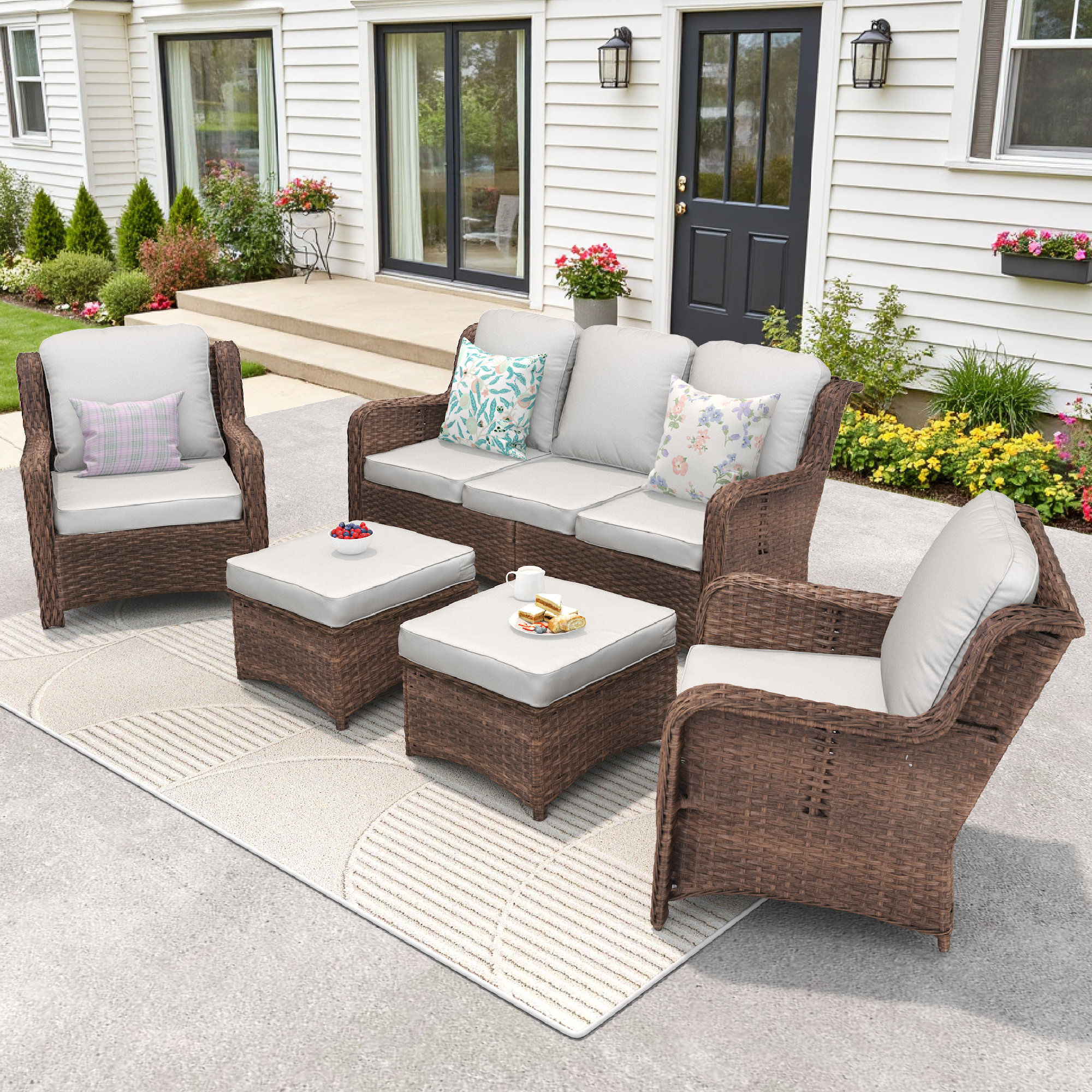 Lark Manor™ 5-Piece Outdoor Wicker Sofa Set with All-Weather Waterproof ...