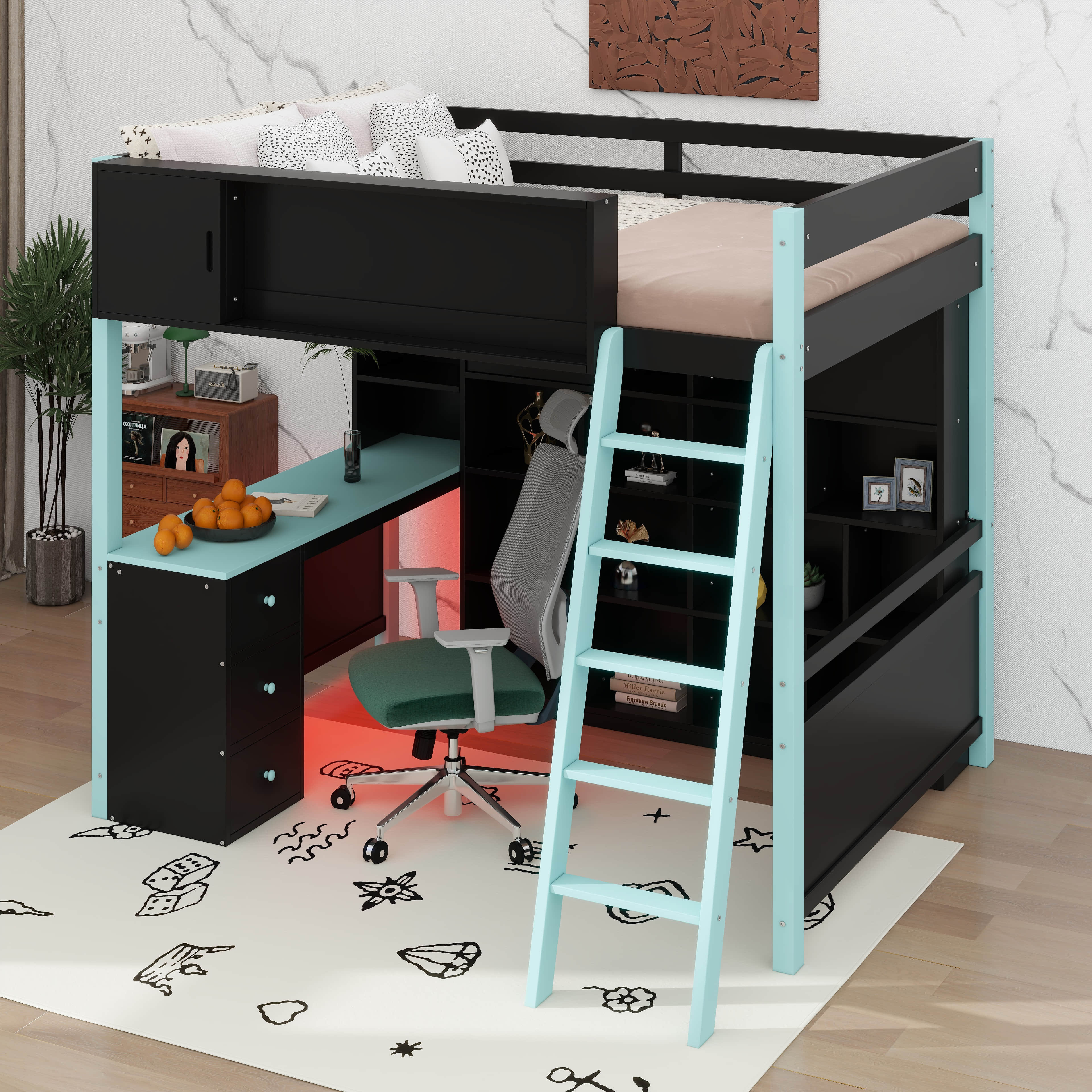 Wrought Studio™ Solid Wood Full Size Gaming Loft Bed With Desk, Ample ...