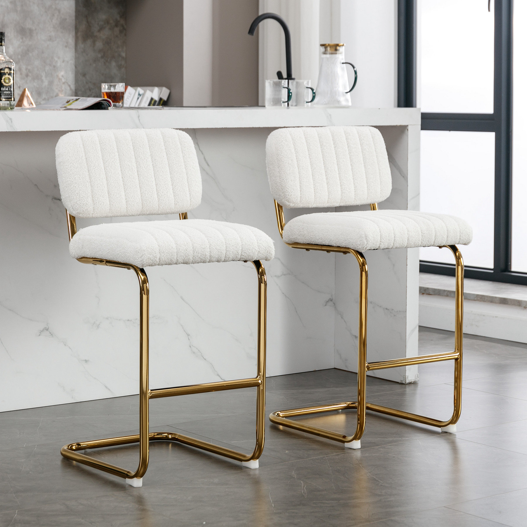Everly Quinn Cecily Upholstered Armless Bar Chairs with Gold Metal ...