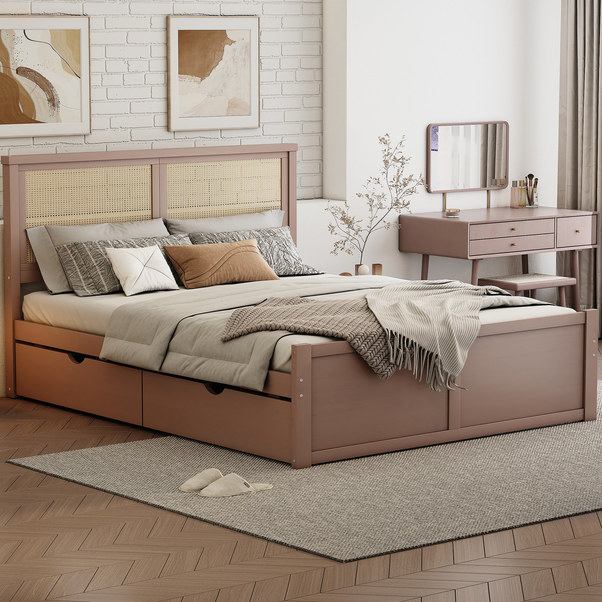 Dovecove Wood Storage Platform Bed With 4 Drawers, Rattan Headboard ...
