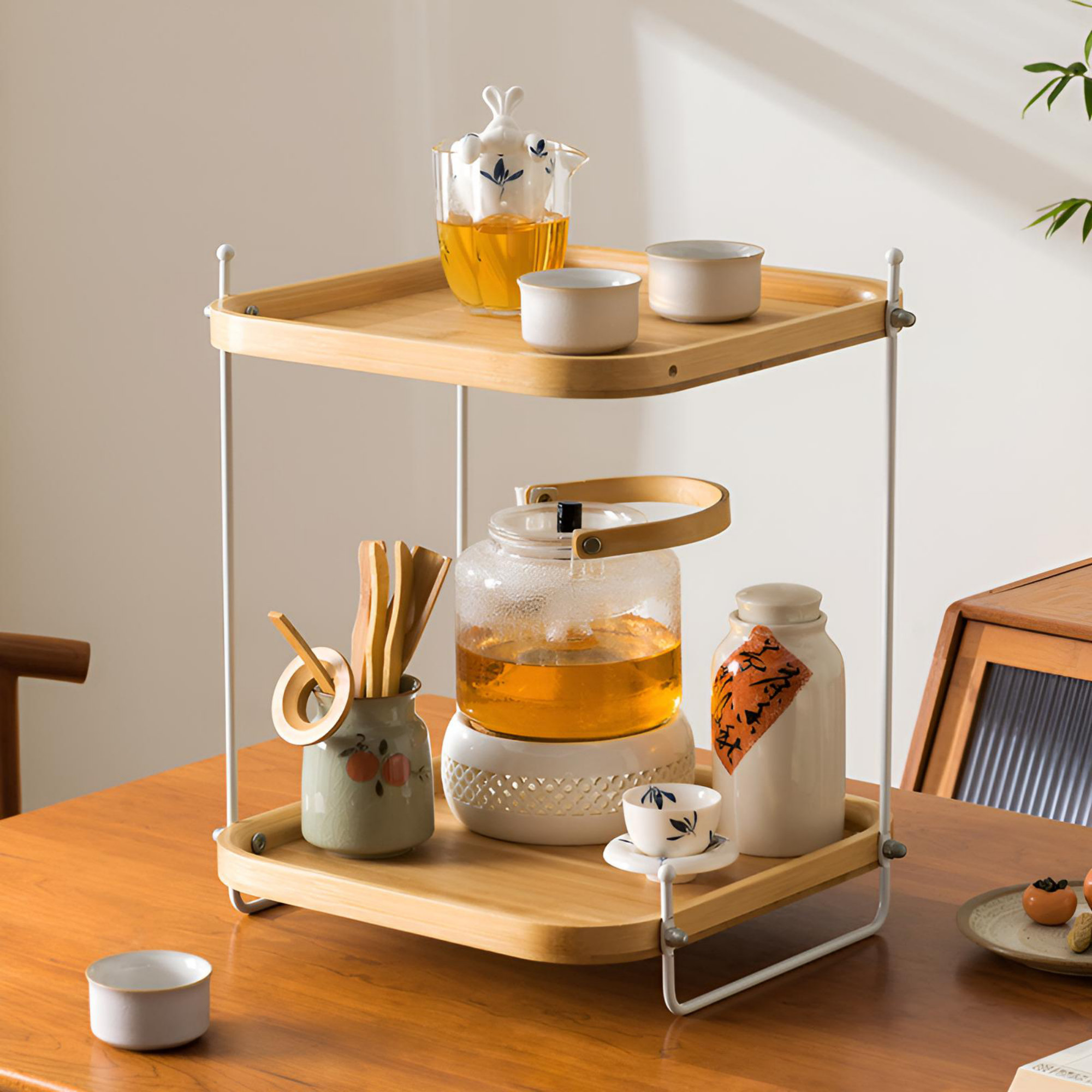 Latitude Run® Bamboo Double-Layer Tea Set Storage Rack ...