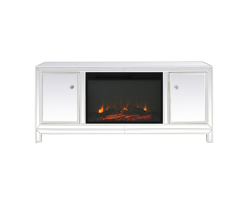 Mercer41 60 In. Mirrored TV Stand with Wood Fireplace Insert in White ...