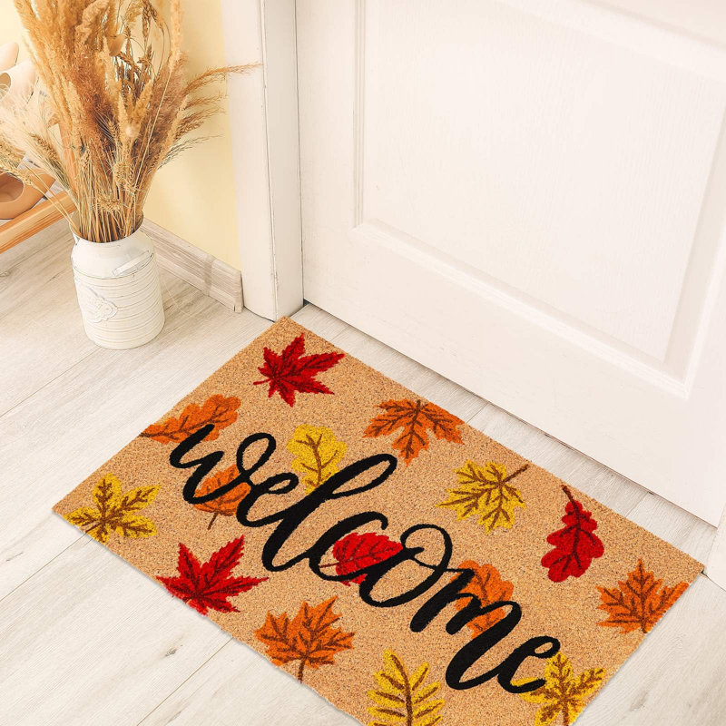 Red Barrel Studio® Fall Natural Coir Door Mat Maple Leaves Welcome ...