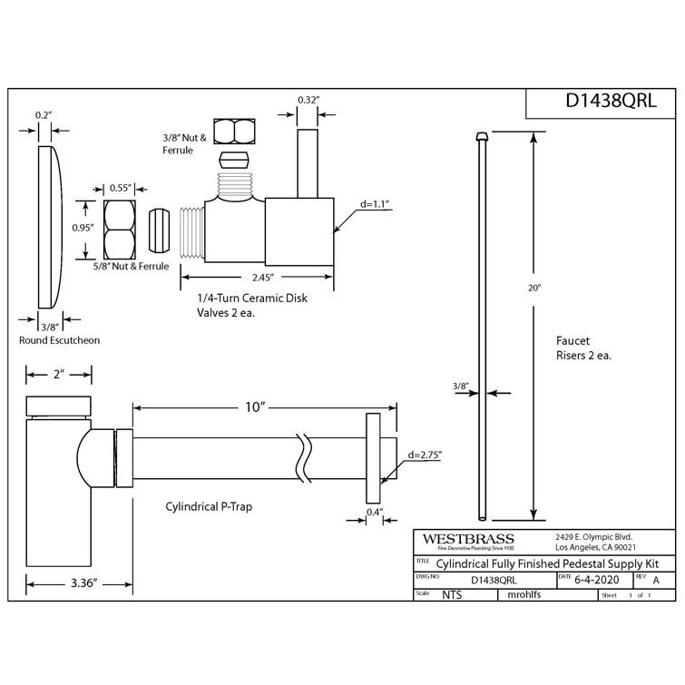 Westbrass Pedestal Sink Supply Kit with Bottle Trap and 1/4-Turn Angle ...