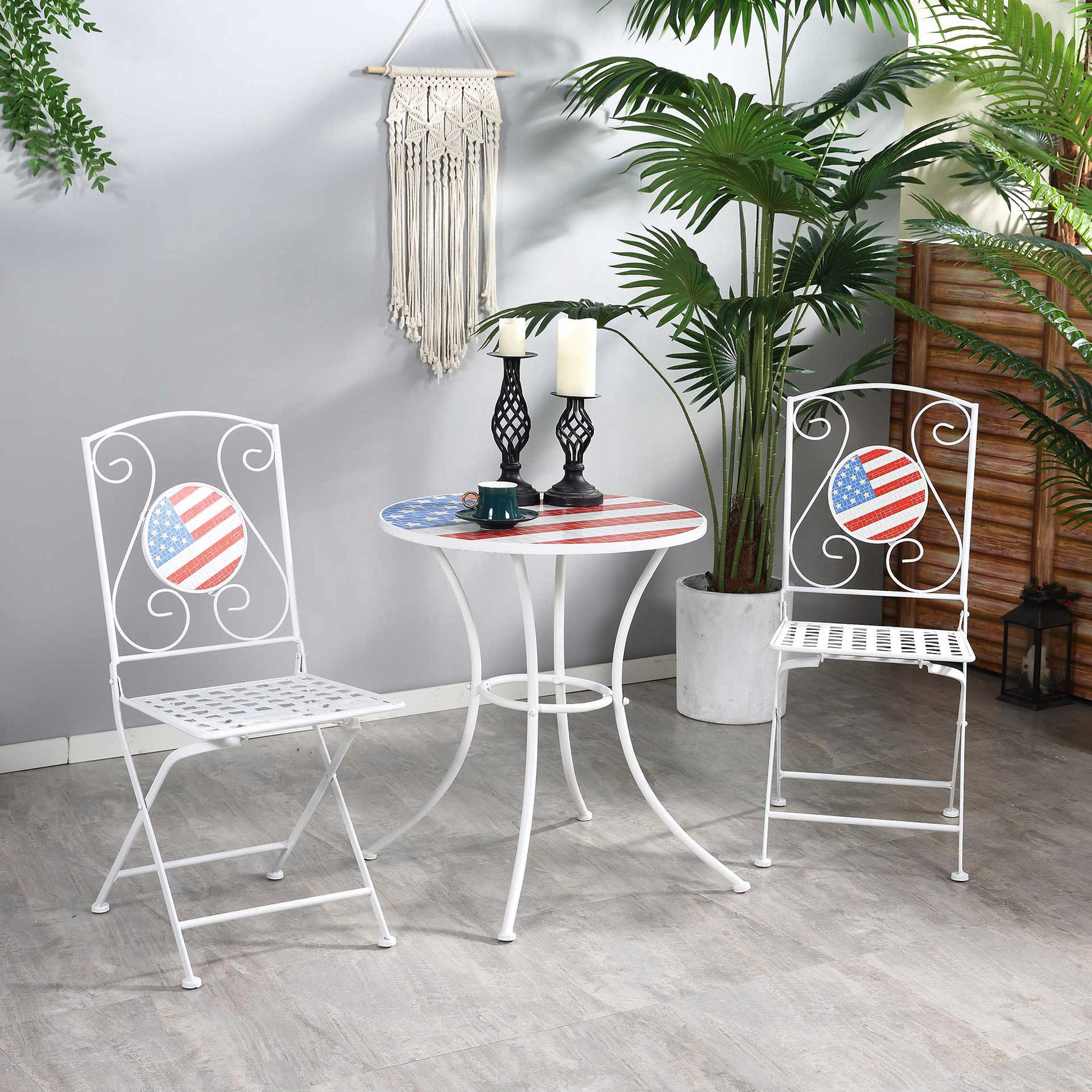 Winston Porter Patio Bistro With American Flag Chairs And Mosaic Table ...