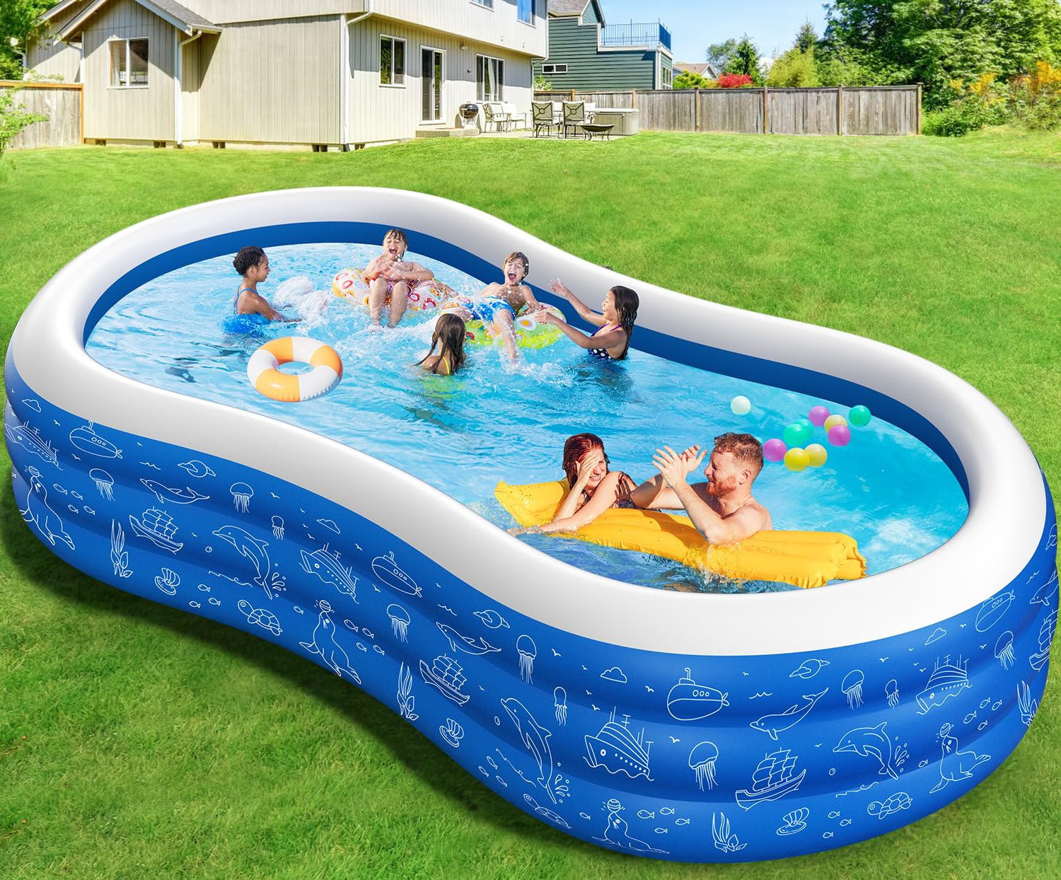 INVOTOT Large Inflatable Pool For Kids Adults, 145" X 74" X 22" Blow Up ...