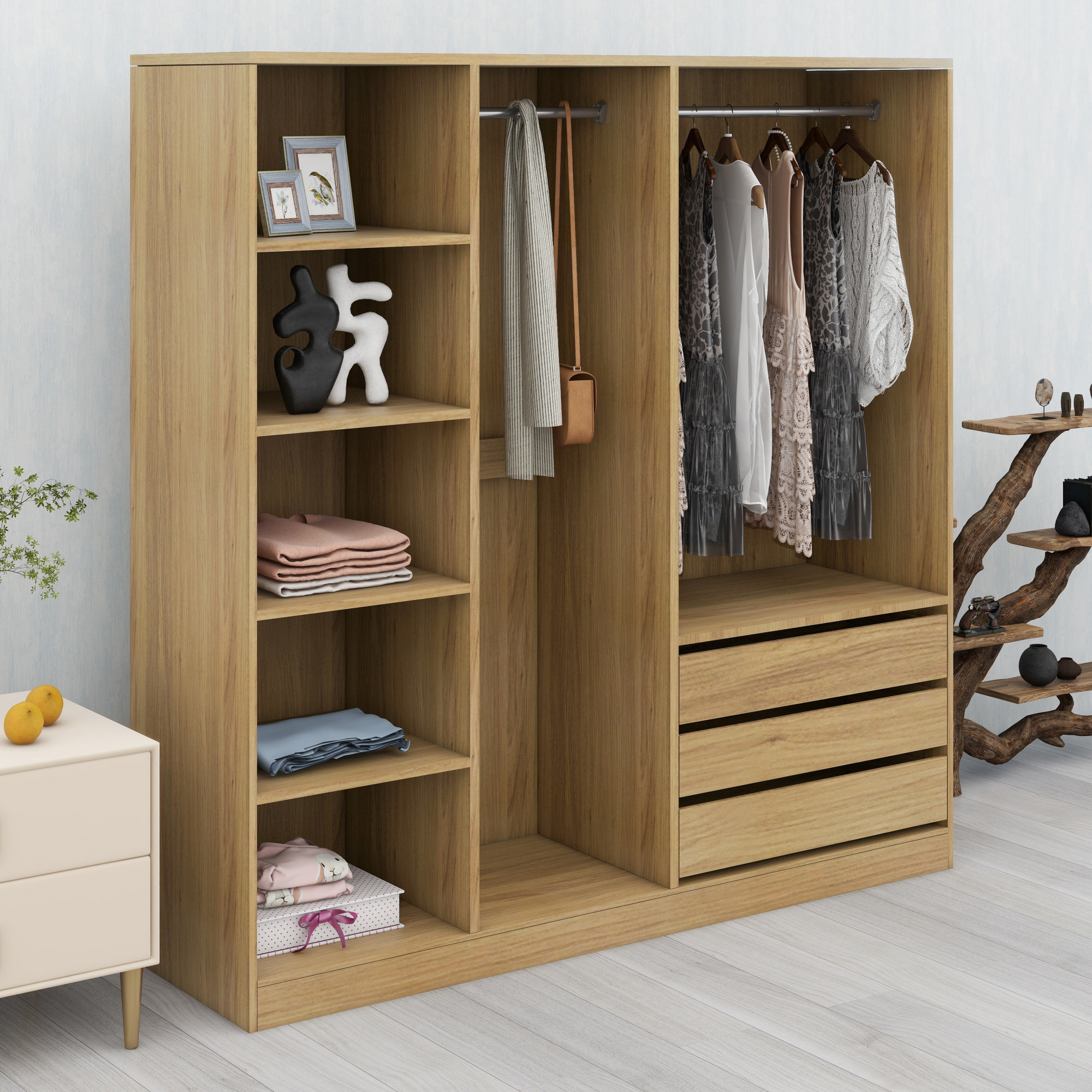 George Oliver Doorless Wooden Storage Wardrobe For Dedroom With Shelves ...
