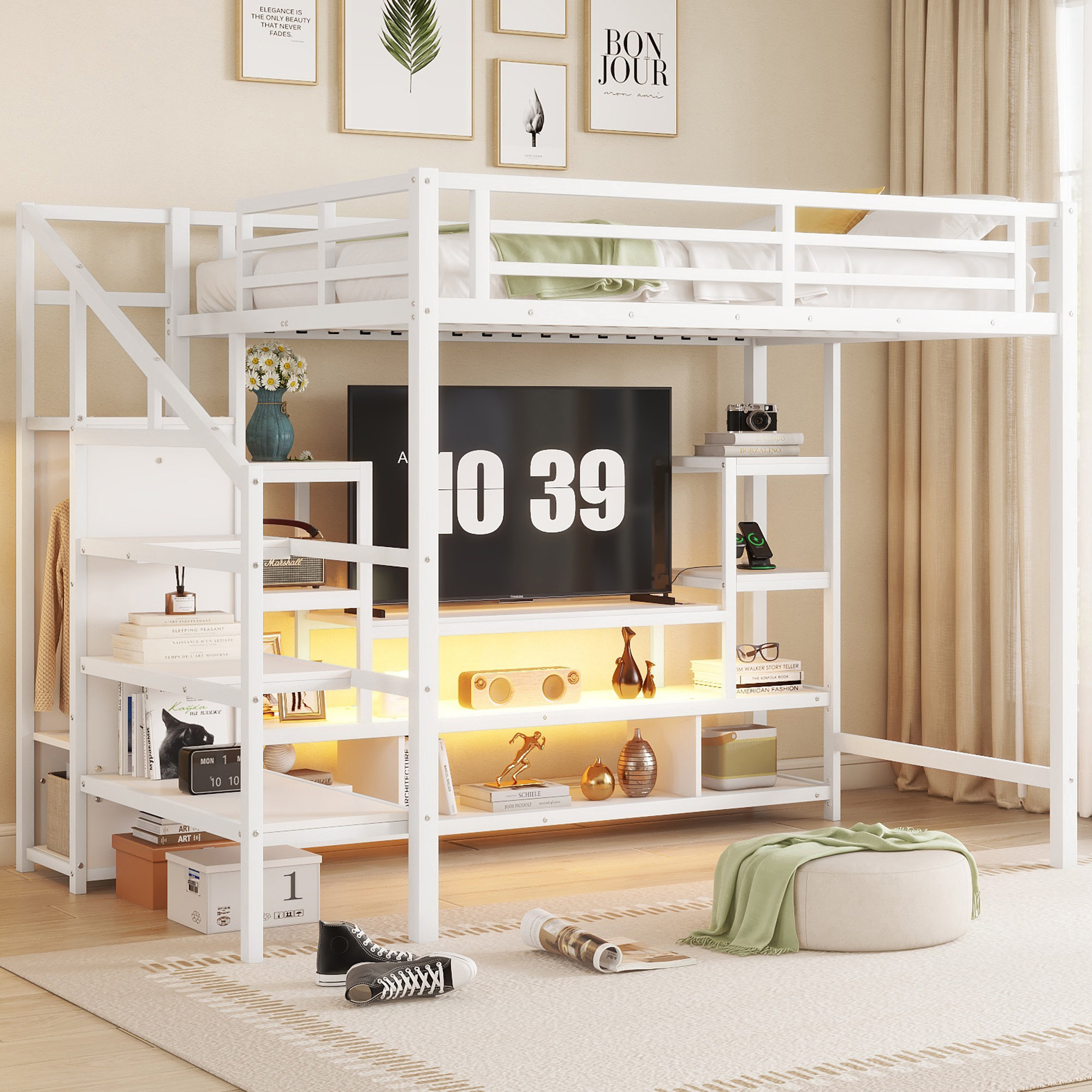 Latitude Run® Full Size Metal Loft Bed With Tv Stand, Metal Loft Bed ...