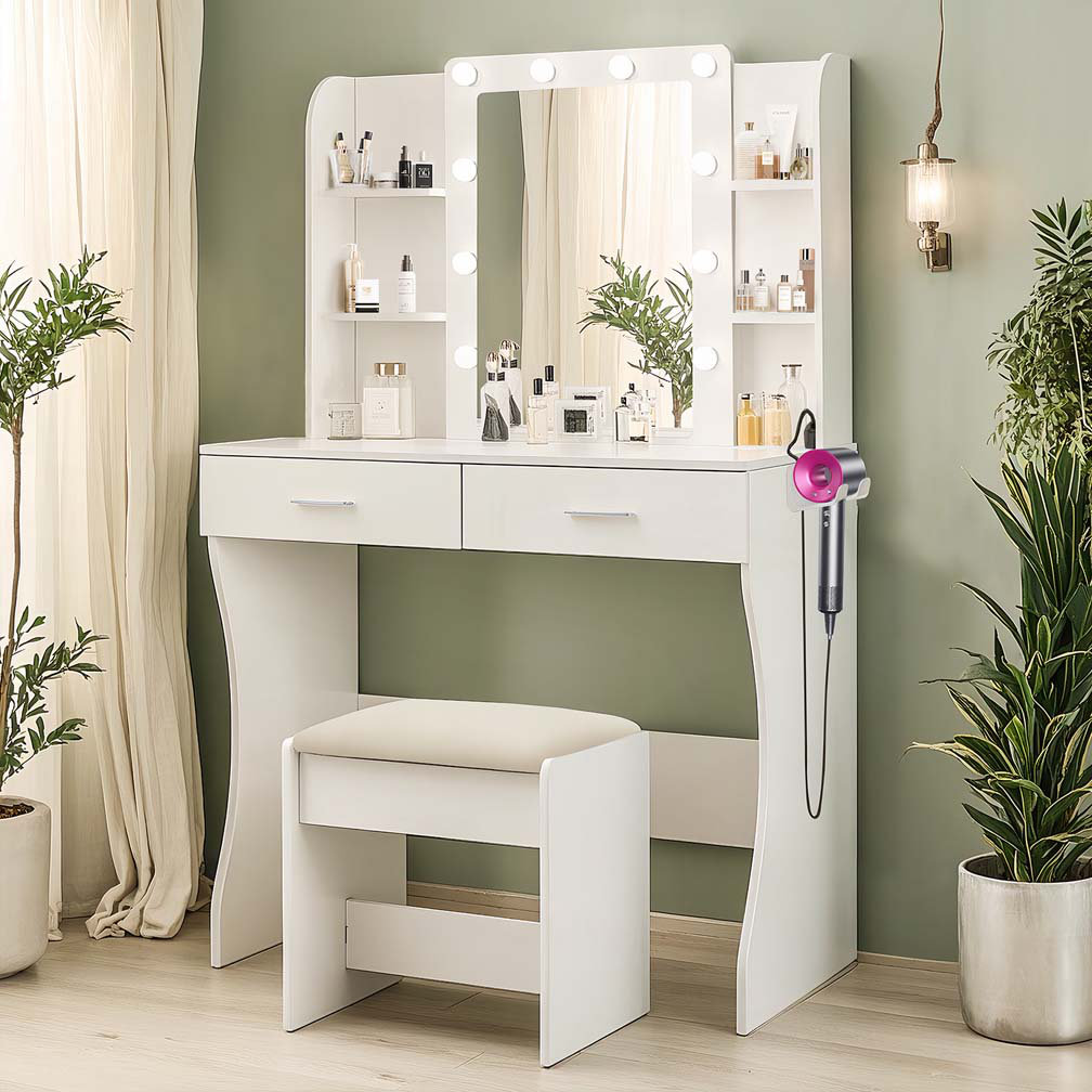Ebern Designs Vanity Set with 2 Drawers and 6 Storage Shelves ...