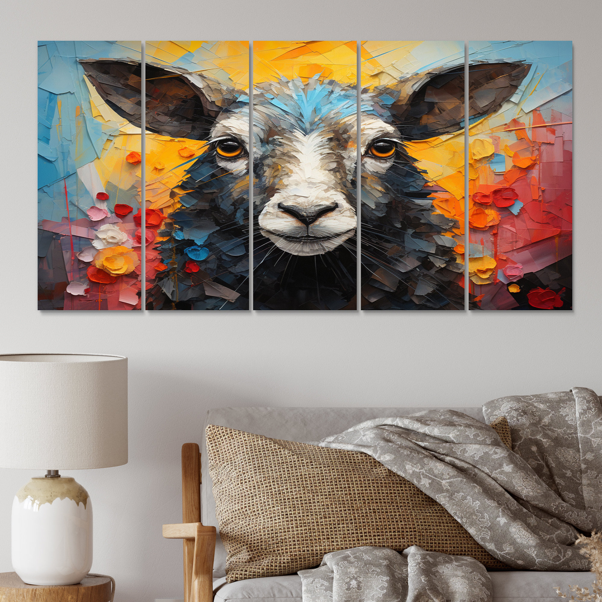 Gracie Oaks Colorful Abstract Sheep Collage II On Canvas 5 Pieces Print ...