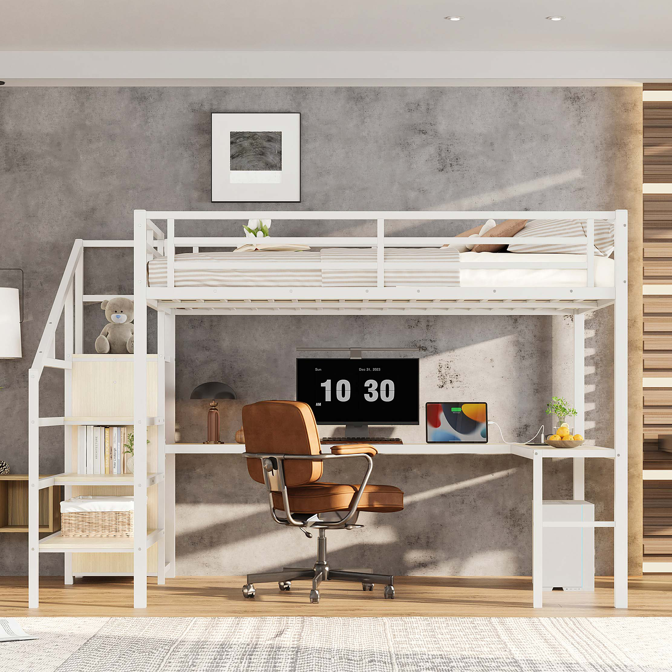 Mason & Marbles Loft Bed With L-Shaped Desk And USB, Metal Loft Bed ...