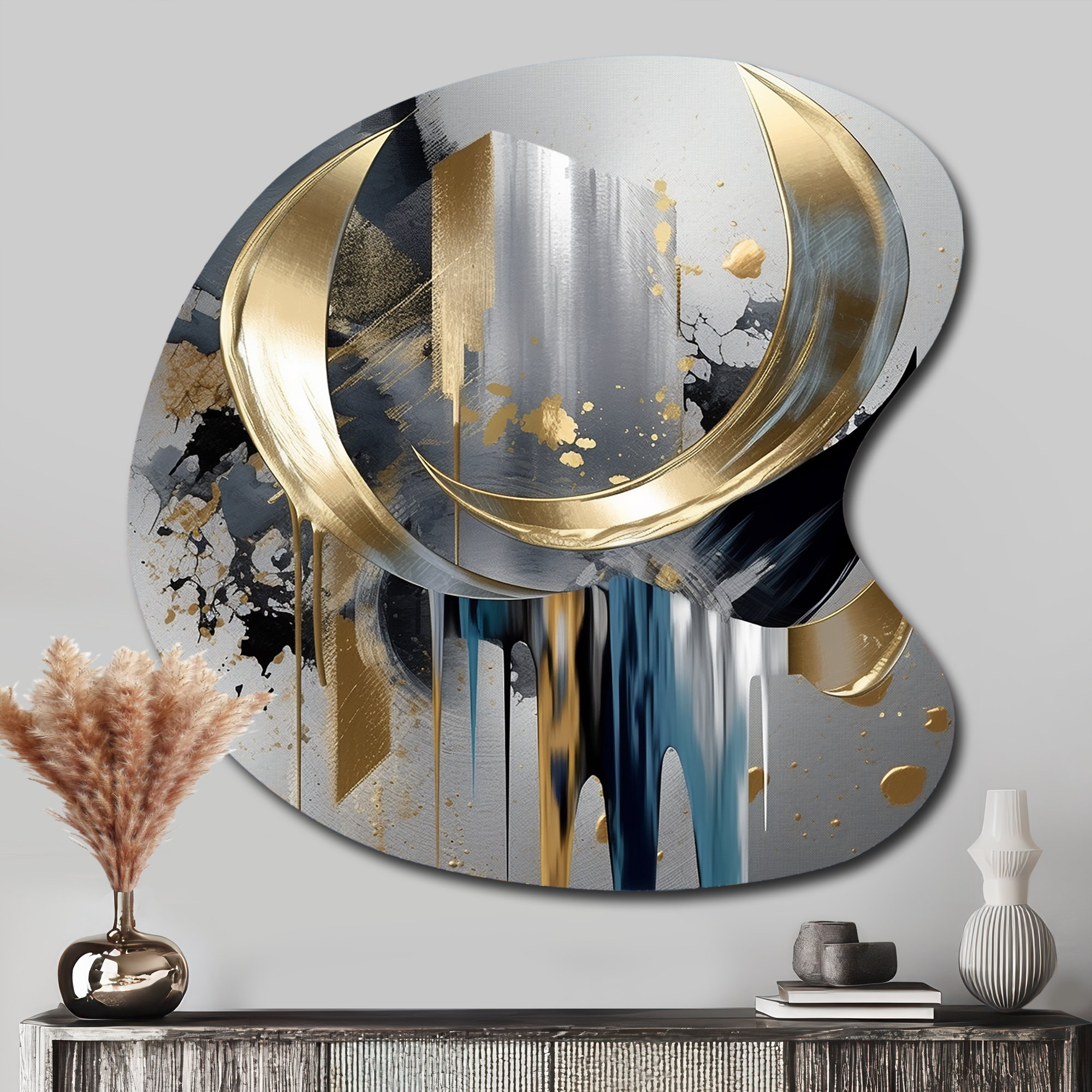 Design Art Abstract Shapes And Lines I - Marble Unique Shape Metal Wall Art, Gold Asymmetrical ...