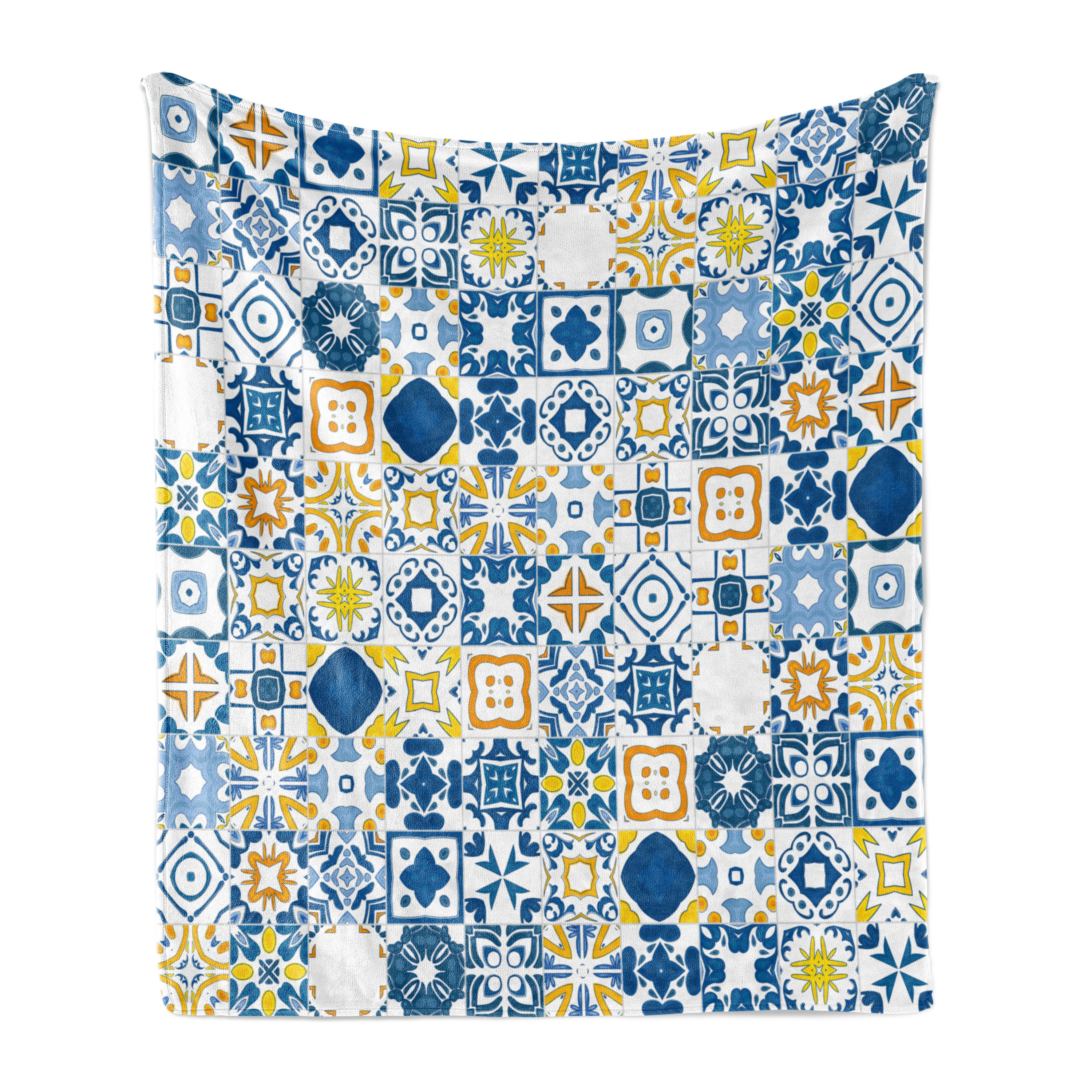 Ambesonne Yellow and Blue Fleece Throw Blanket Mosaic Azulejo Violet Blue Mustard | Wayfair