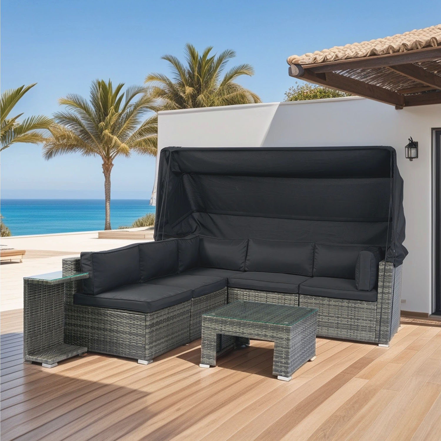 Latitude Run® 7-Piece Patio Furniture Set w/Retractable Canopy Wicker ...