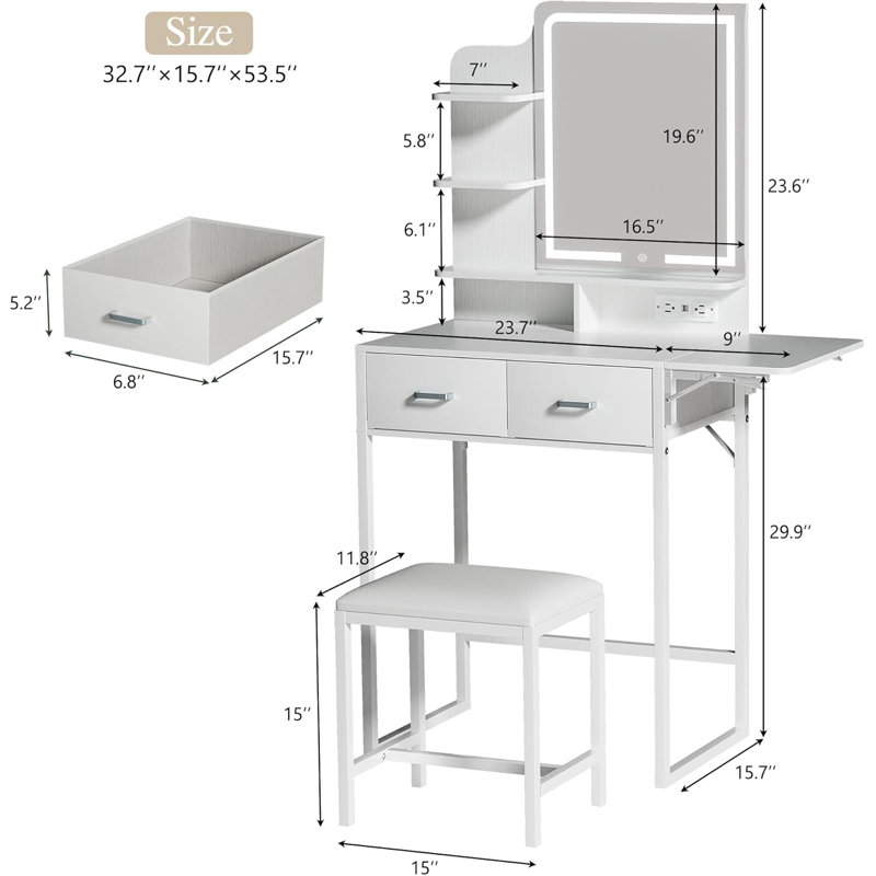 Ebern Designs Small Makeup Vanity With Charging Station & Fabric ...