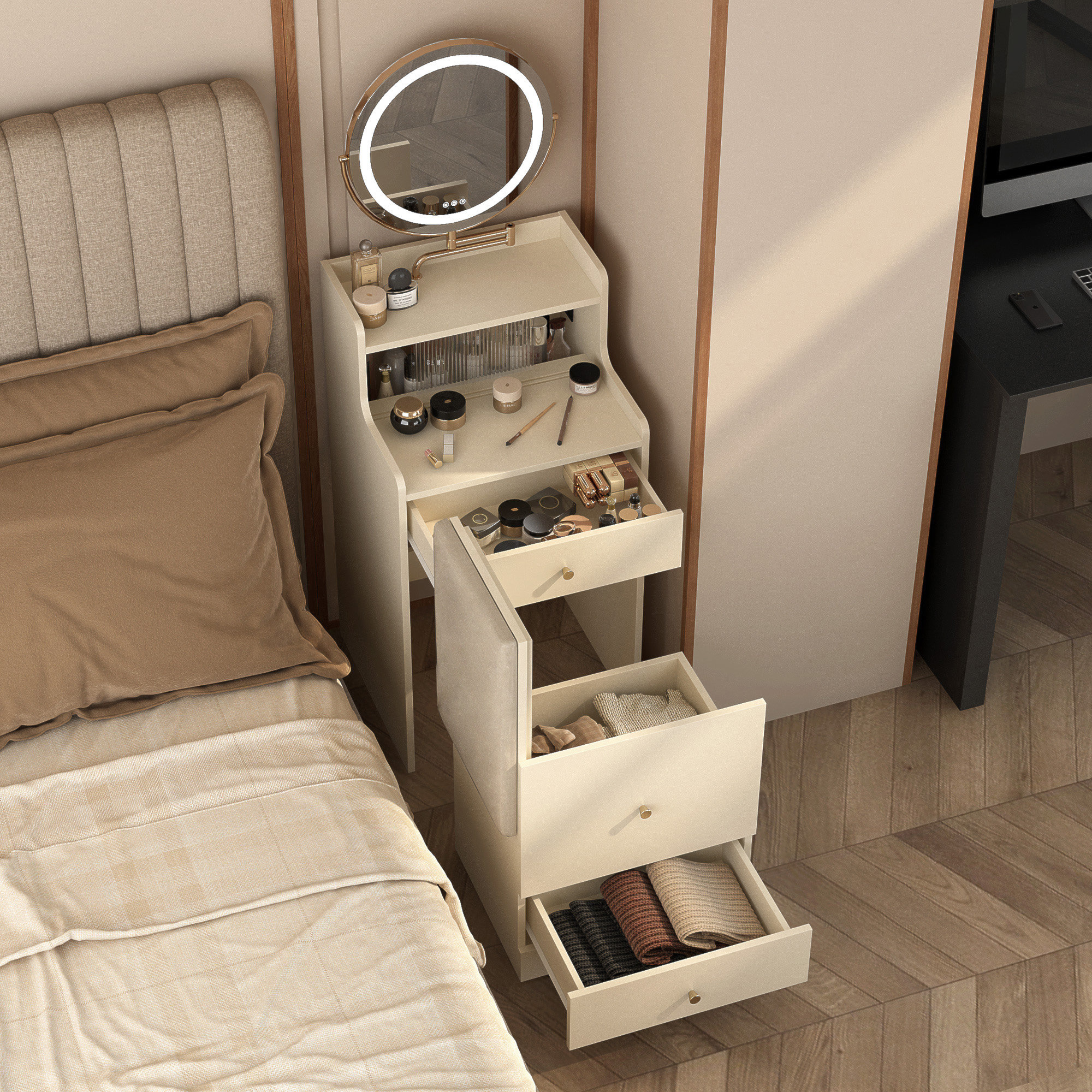 Latitude Run® 3 In 1 Vanity Desk With Mirror And Light ,Small Makeup ...