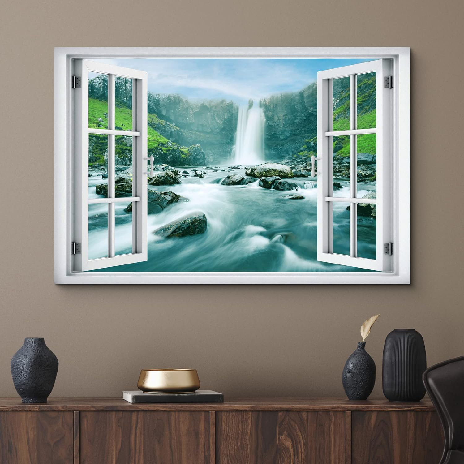 IDEA4WALL Window Scenery " Window View Icelandic Waterfall Forest Rapid ...