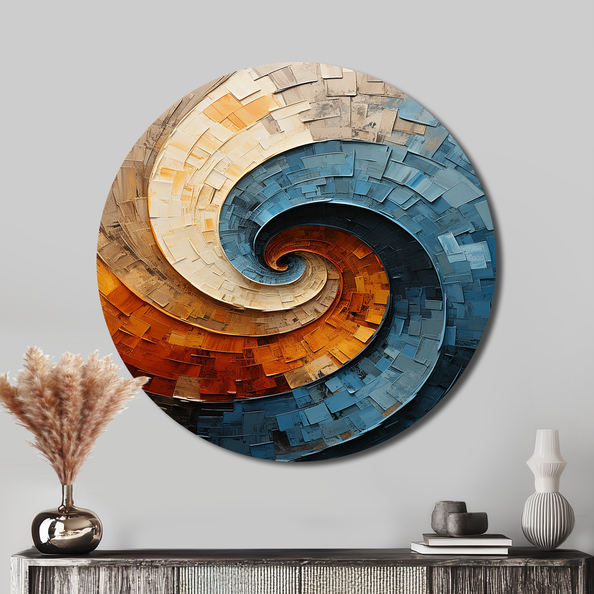 Design Art Blue and Orange Collaged Spiral - Abstract Round Print on ...