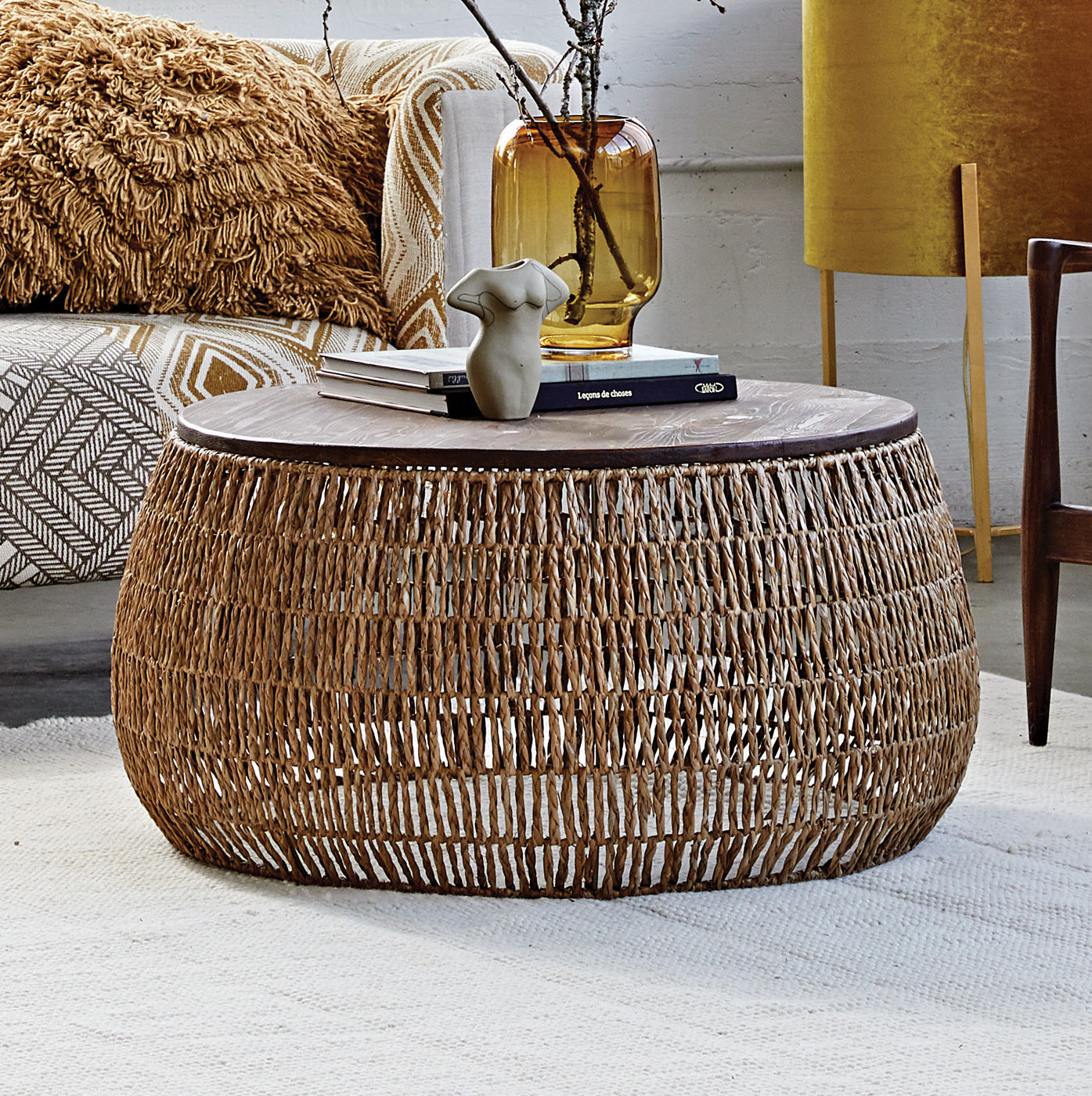 Bayou Breeze Abbey Hand-Woven Seagrass and Pine Wood Round Coffee Table ...