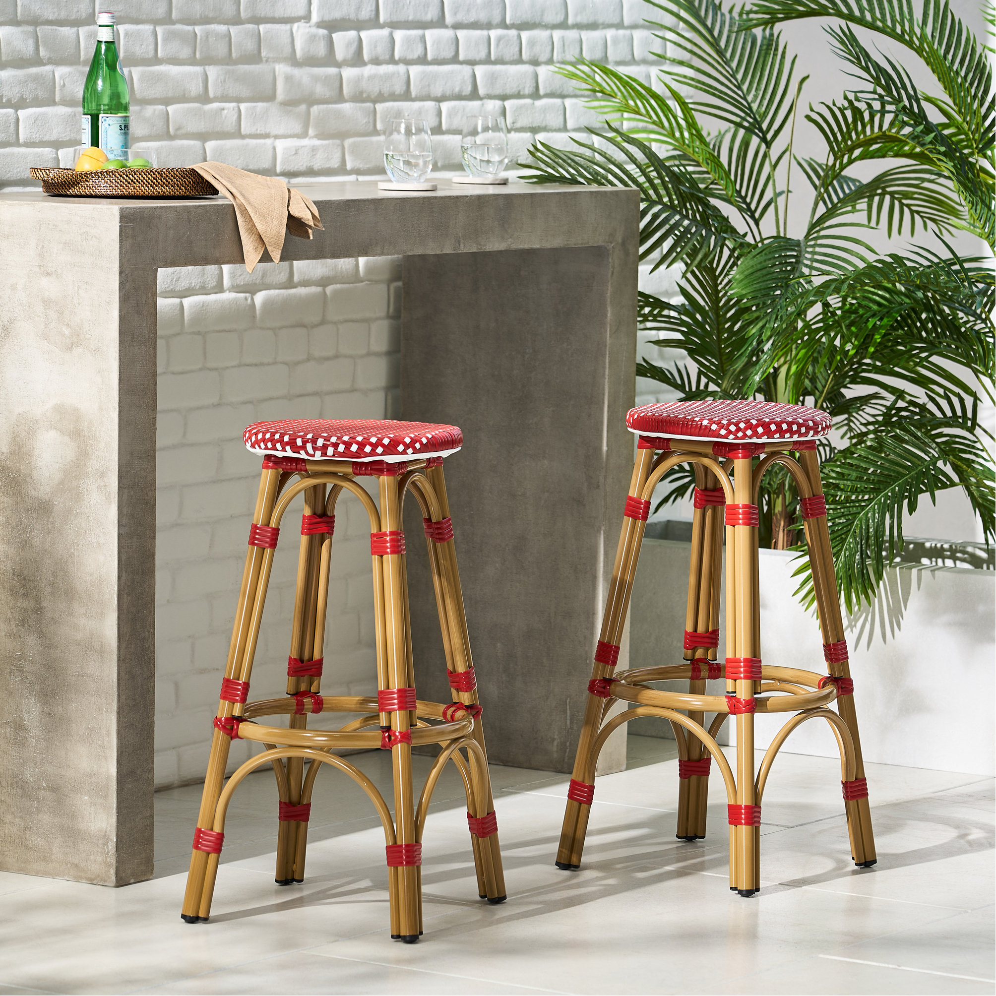 Latitude Run® Outdoor PE Ratten And Aluminum 29.5" French Backless ...