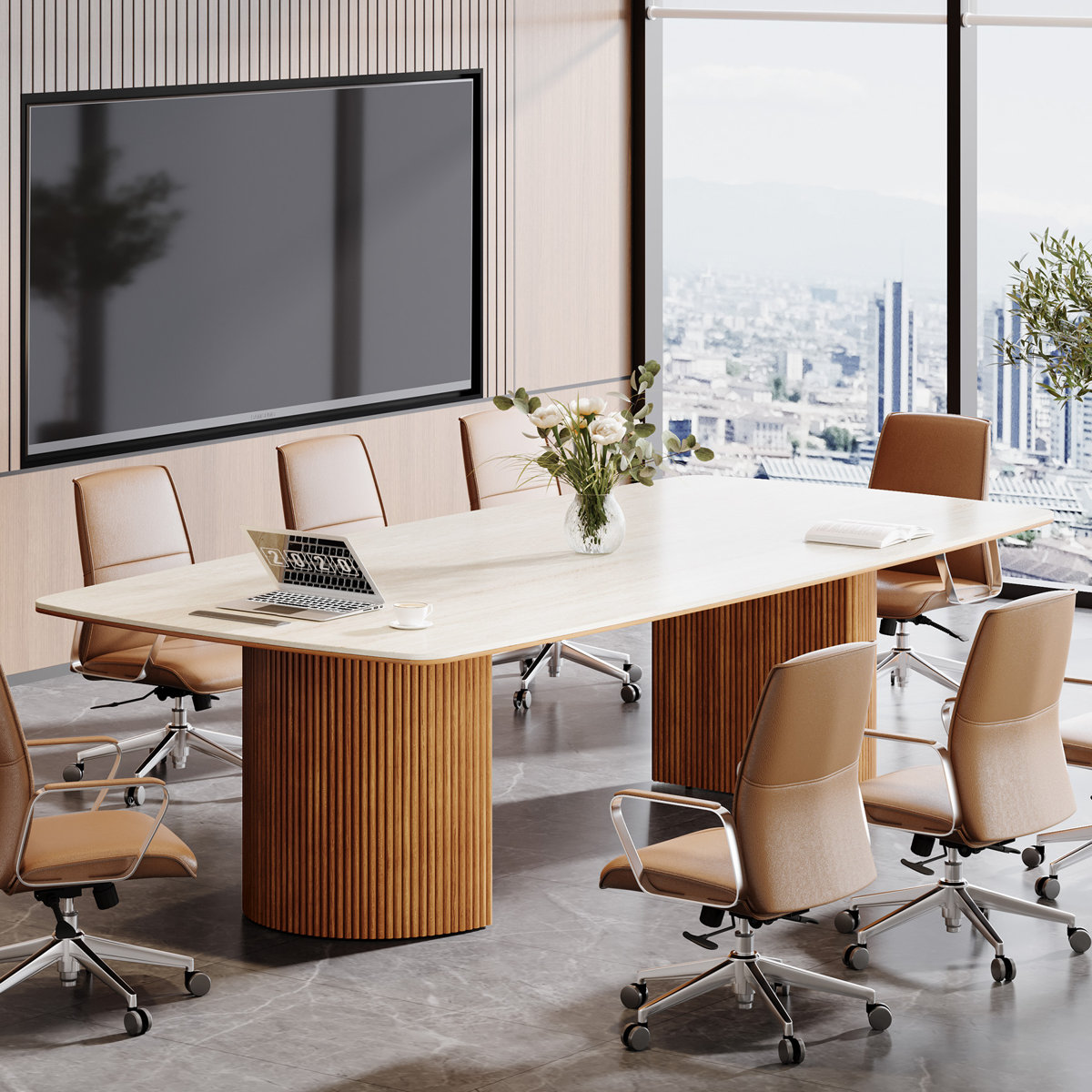 Inbox Zero Conference Table With Unique Travertine Slab Top And Semi ...