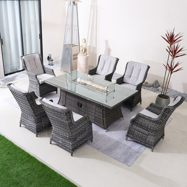 Lark Manor Nadya 7-piece Wicker Aluminum Outdoor Fire Pit Dining Set ...