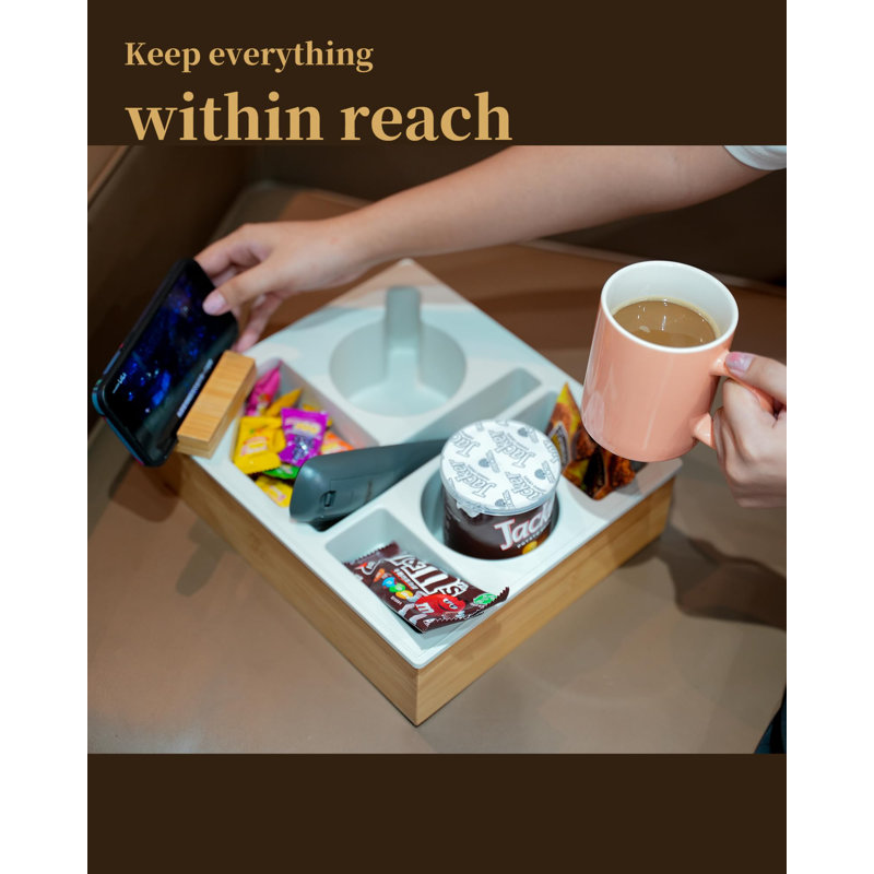 Latitude Run® Couch Cup Holder Tray, Silicone Bamboo Couch Caddy With ...