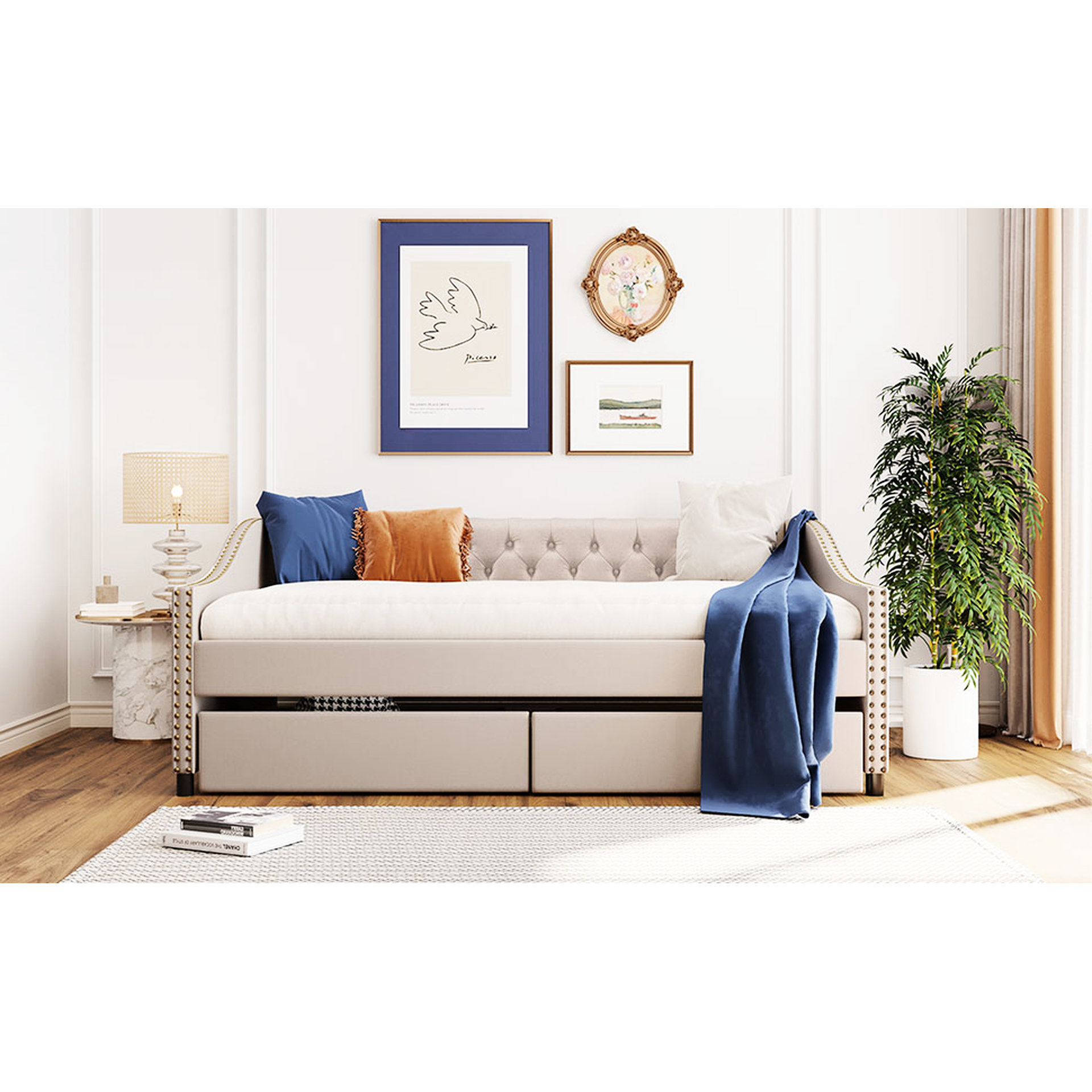 Mercer41 Beige Upholstered Daybed With Two Convenient Drawers & Robust ...
