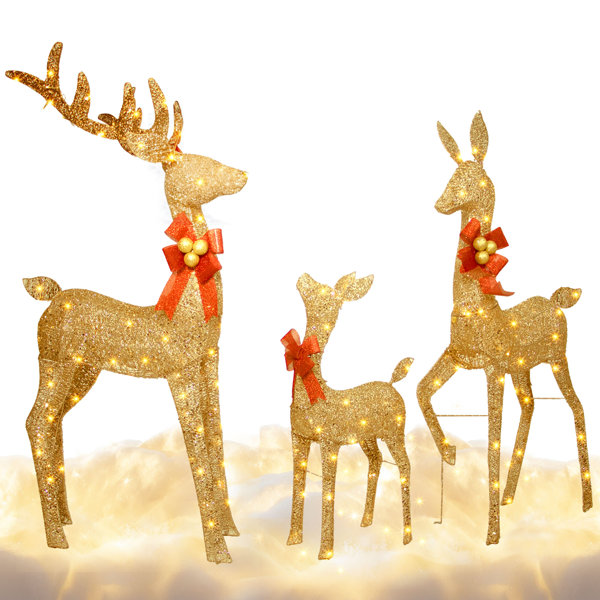 The Holiday Aisle® 3-Piece Light Up 3D Gold Reindeer Family Outdoor ...