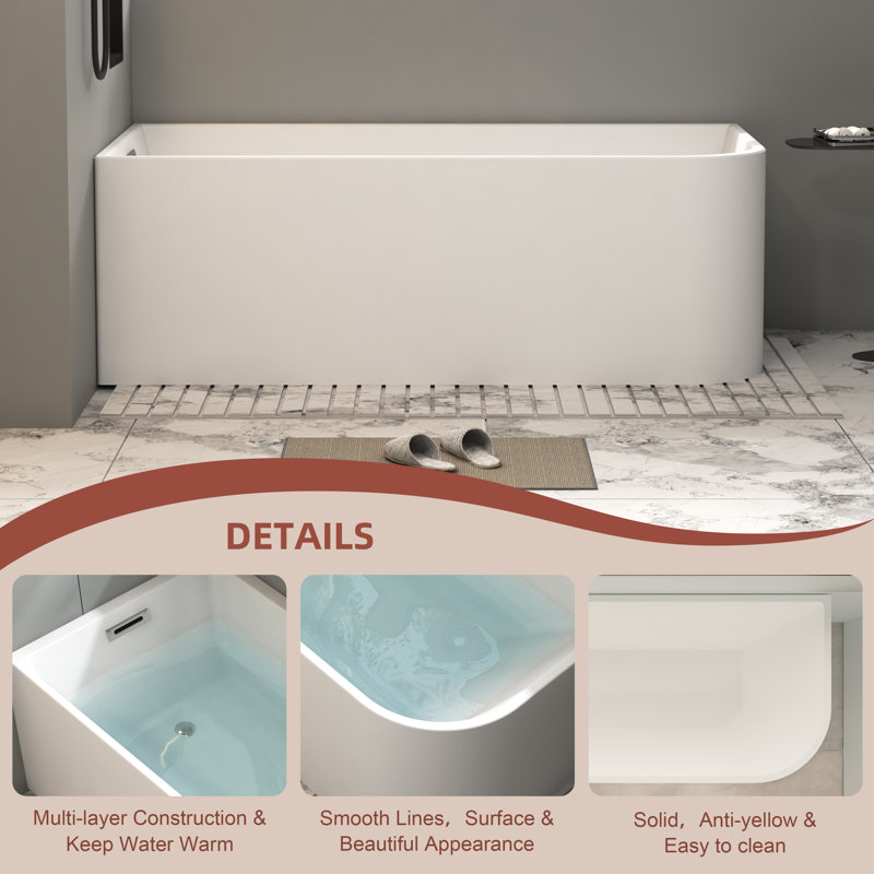 KDK HOME 59'' Left Drain Soaking Tub Acrylic Corner Bathtub with ...
