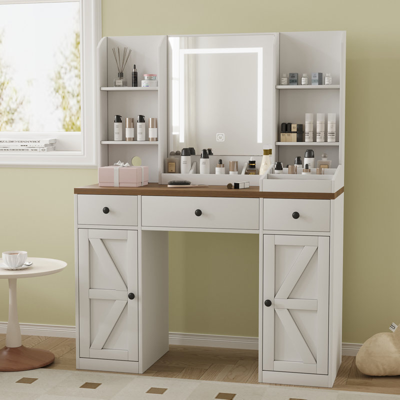 Gracie Oaks Farmhouse Large Vanity Dressing Makeup Table with 3 Drawers ...