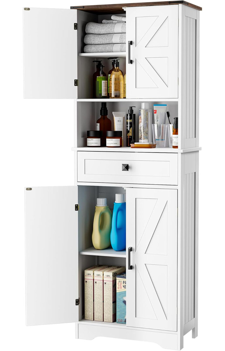 Gracie Oaks 67"H 3-Compartment 4-Door Linen Cabinet, Freestanding ...