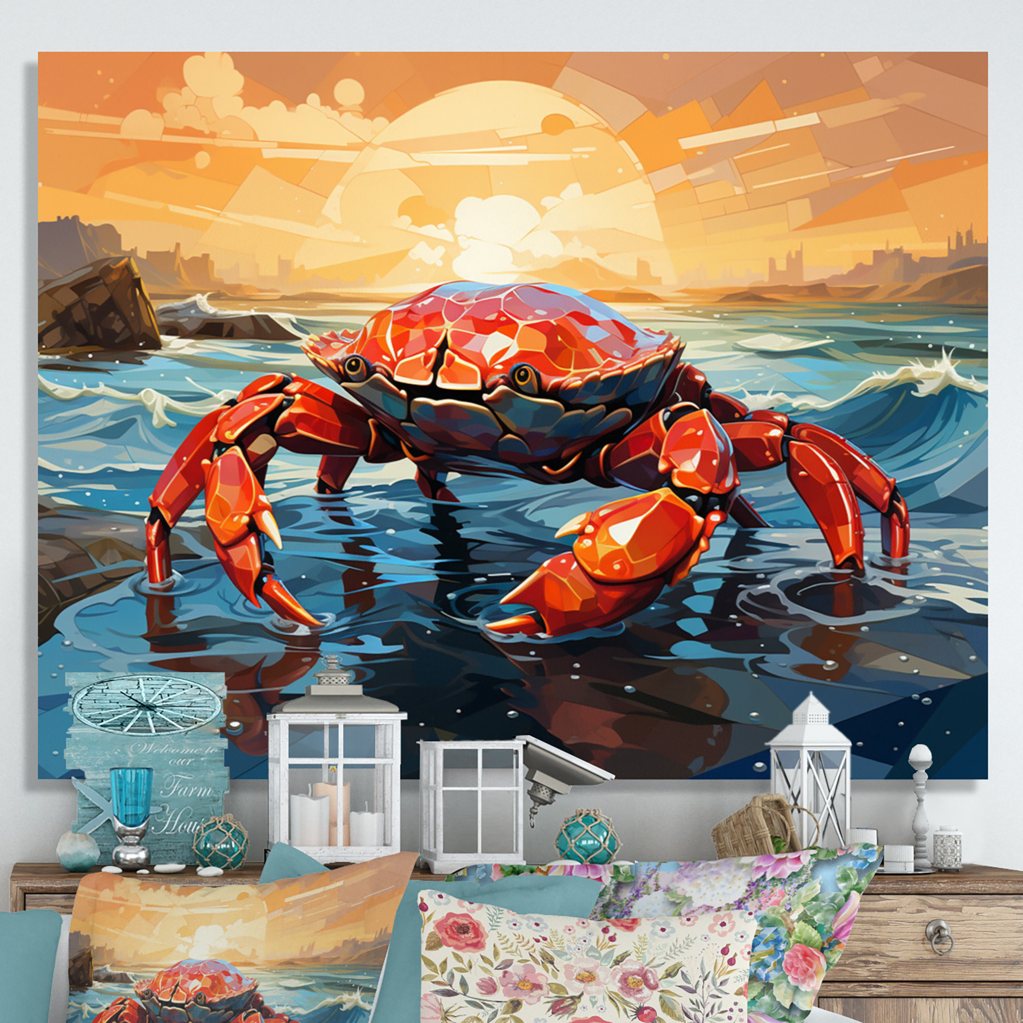 Rosecliff Heights Crab Coastal Guardian Geometric - Animals Canvas Wall ...