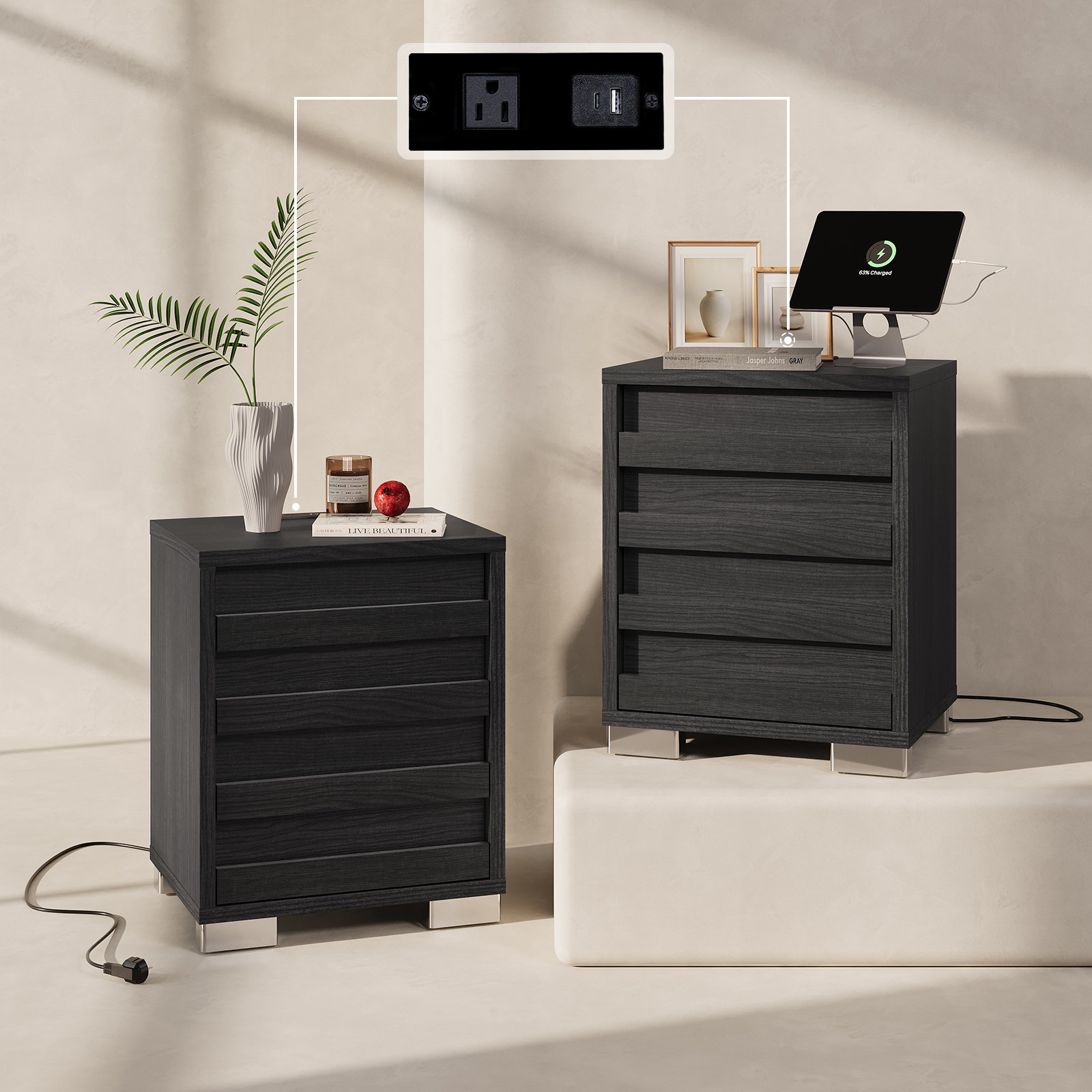 Ebern Designs Ashara Farmhouse 2 Nightstands with Charging Station ...