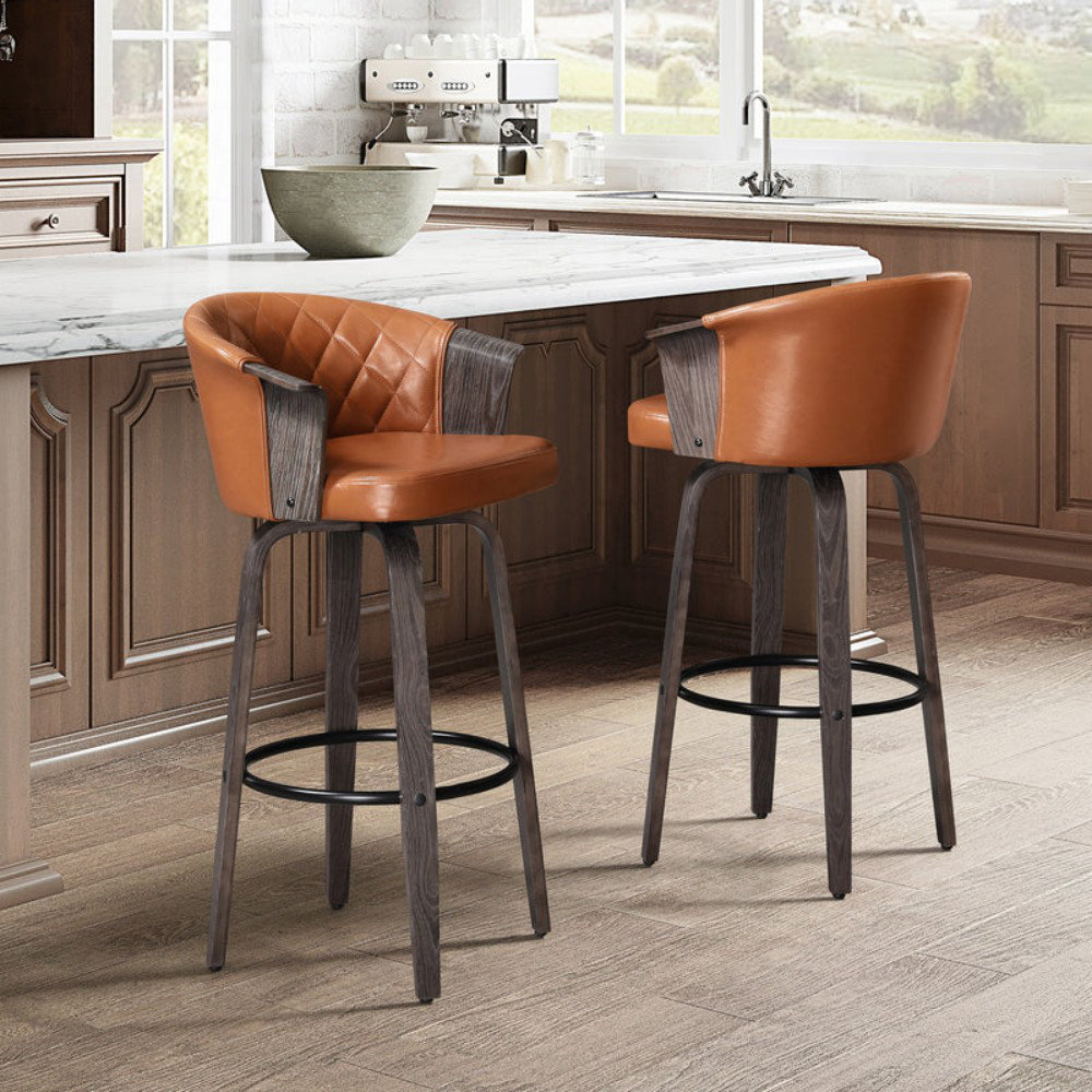 Corrigan Studio® Set of 2 Brown Poplar Wooden Swivel Bar Stools | Wayfair