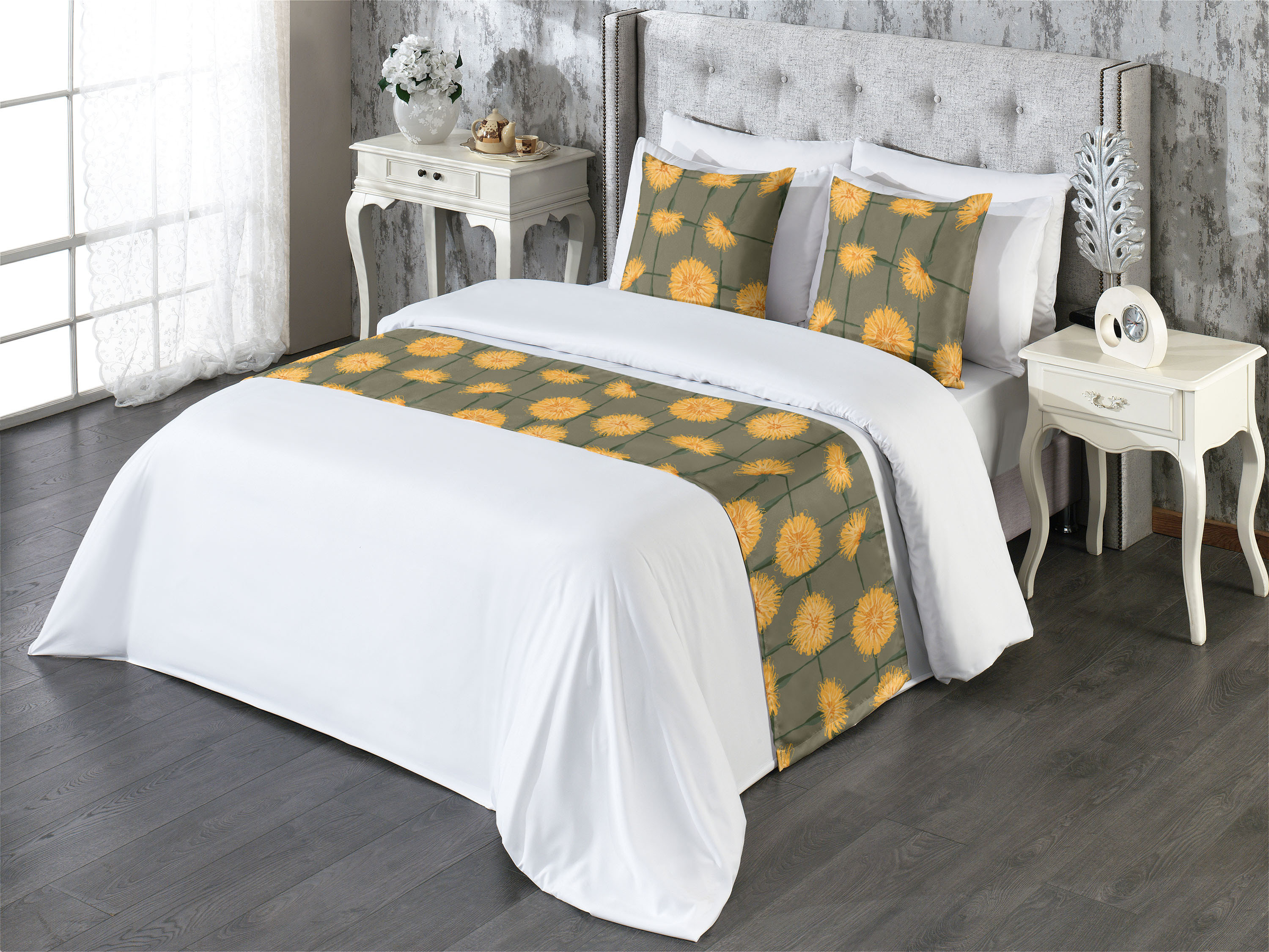 Ambesonne Dandelion Bed Runner Set Boho Floral Grid Peduncle Marigold ...