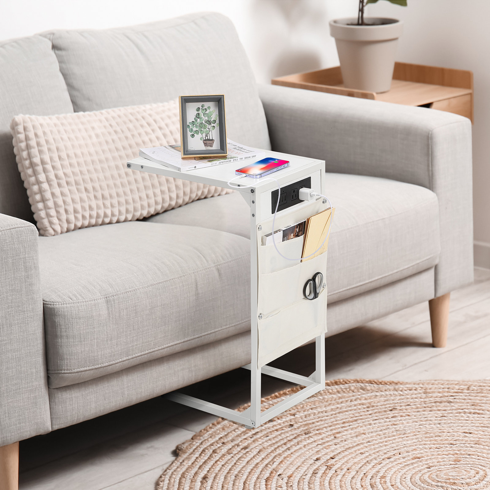 Ebern Designs C-Type End Table With Charging Station Height-Adjustable ...