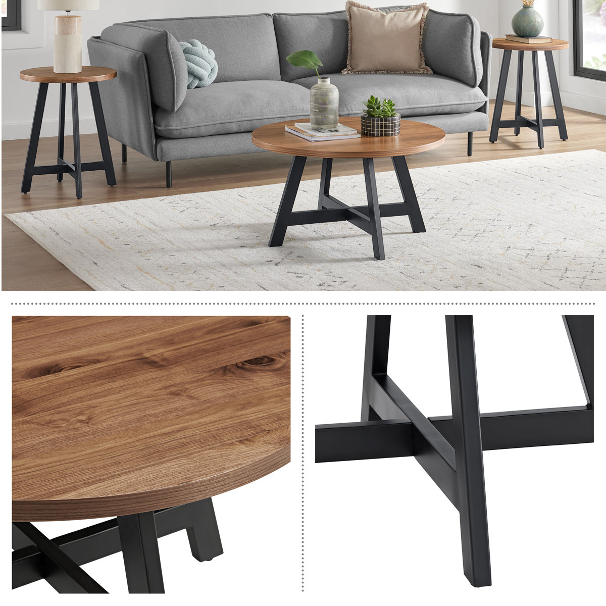 17 Stories 3-Piece Coffee Table Set - Industrial Modern Round Coffee ...