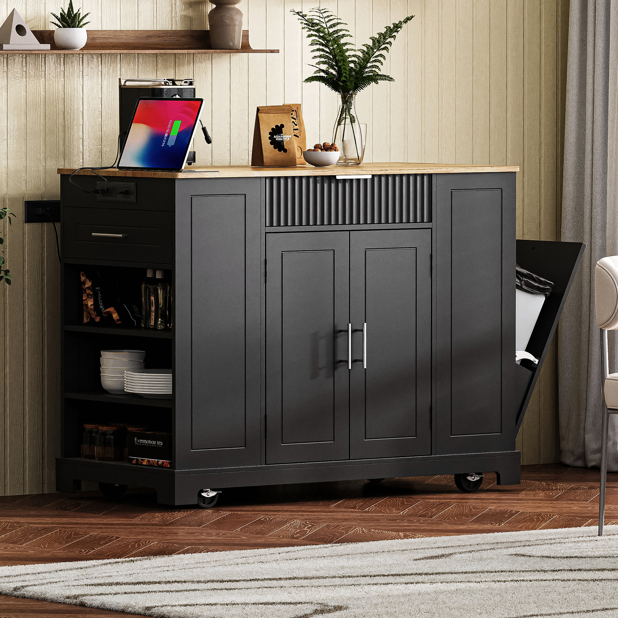 One Allium Way® Fluted Kitchen Island With Trash Can Storage Cabinet ...