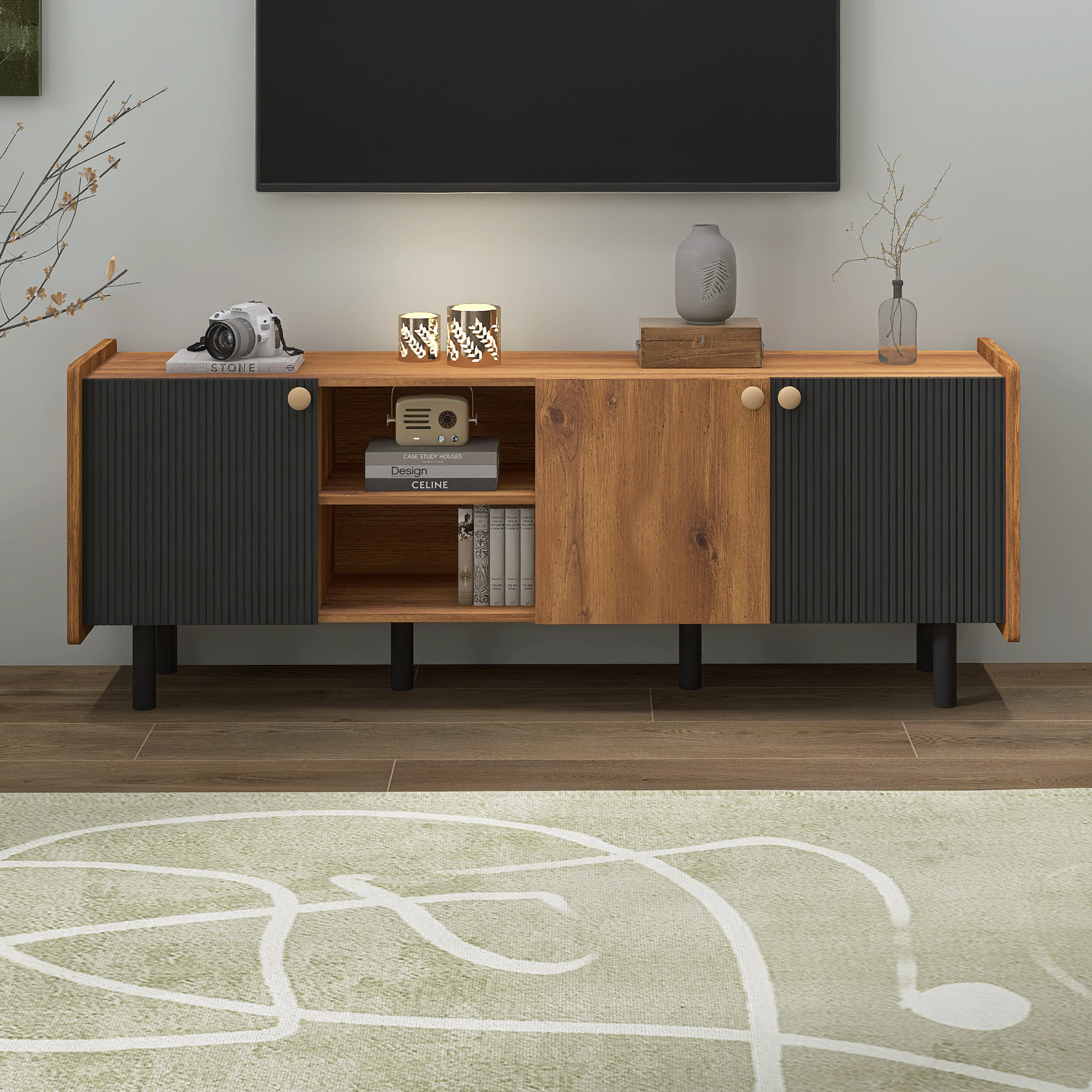 Union Rustic Mid Century TV Stand With 3 Cabinets, Media Console Table ...