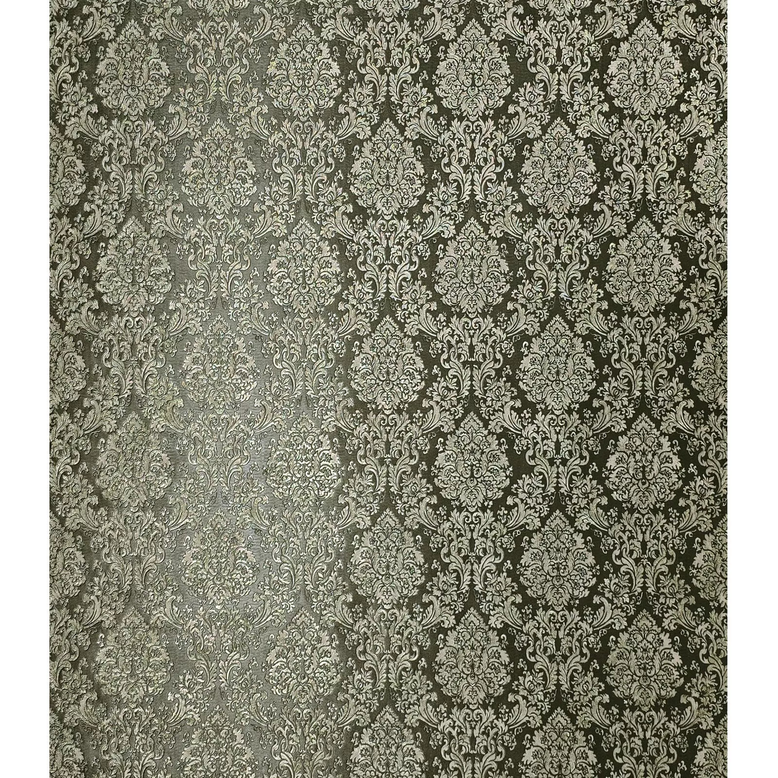 World Menagerie Dark Grey Bronze Gold Metallic Victorian Damask Faux ...