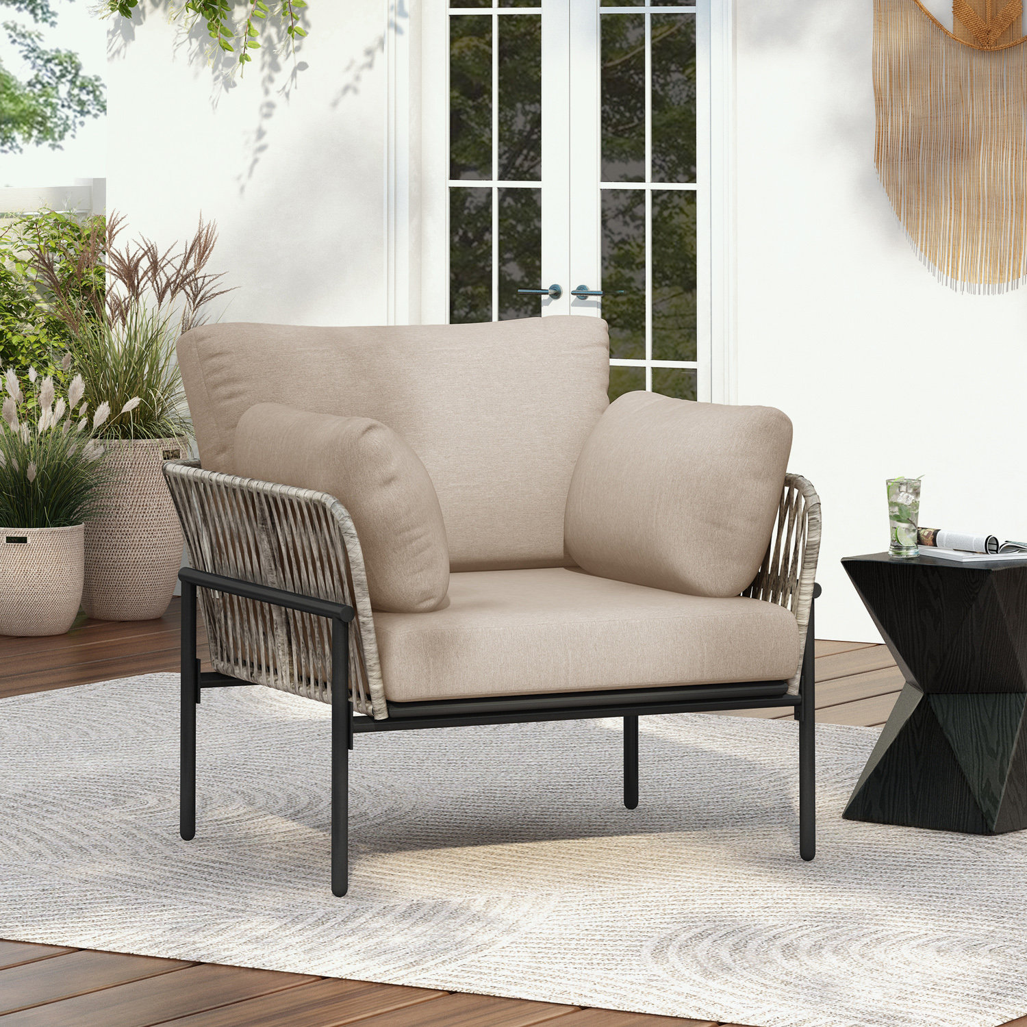 Dakota Fields Iron Frame chair with Rope and soft cushion | Wayfair