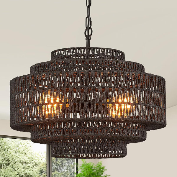 Bayou Breeze Hand-Woven Rattan Chandelier Boho Vintage Light Fixture ...