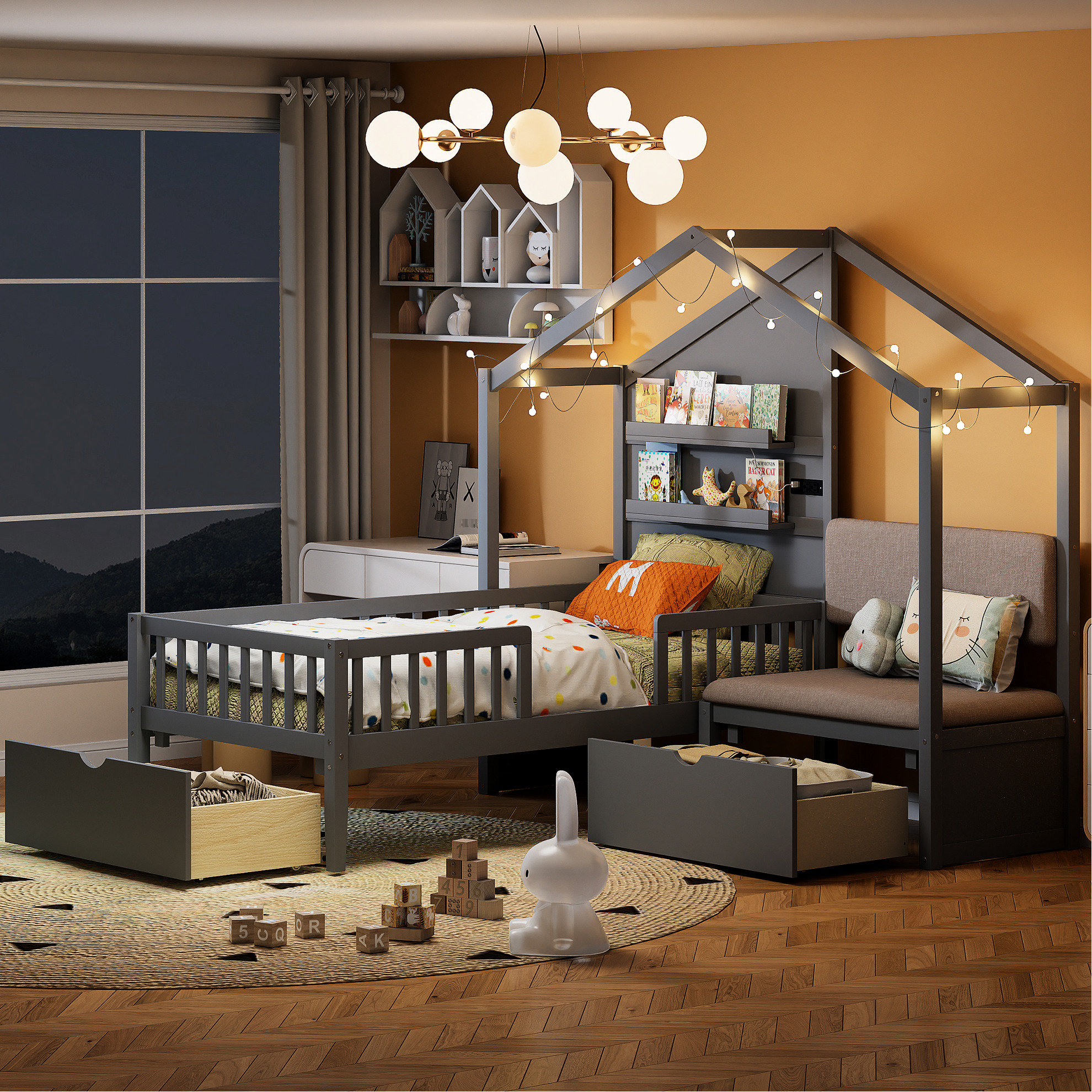 Latitude Run® Twin House Bed With Upholstered , Charging Ability ...