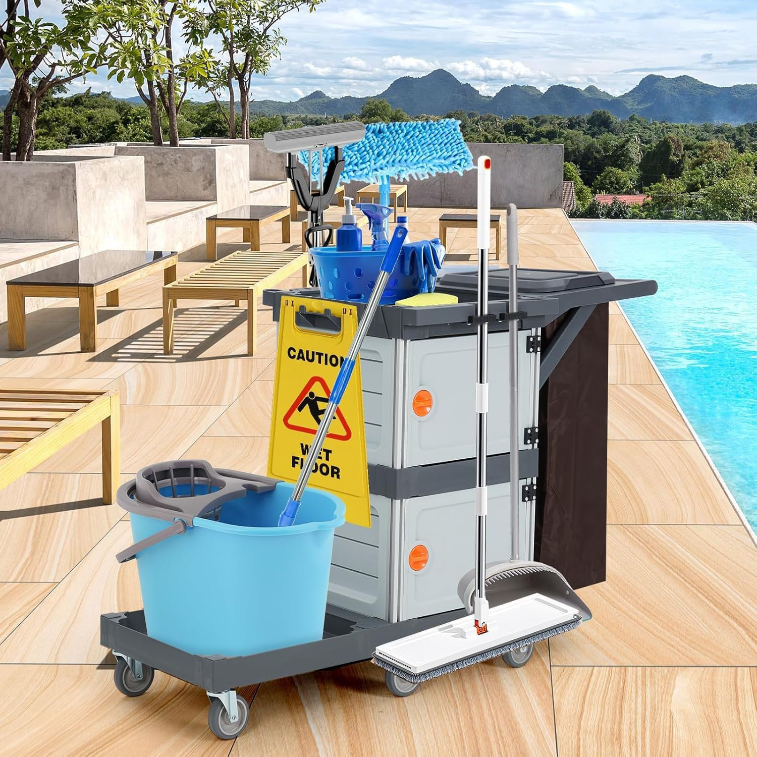 ASOPIX Commercial Janitorial Cart with Cabinet, 3-ply Multi-Purpose ...