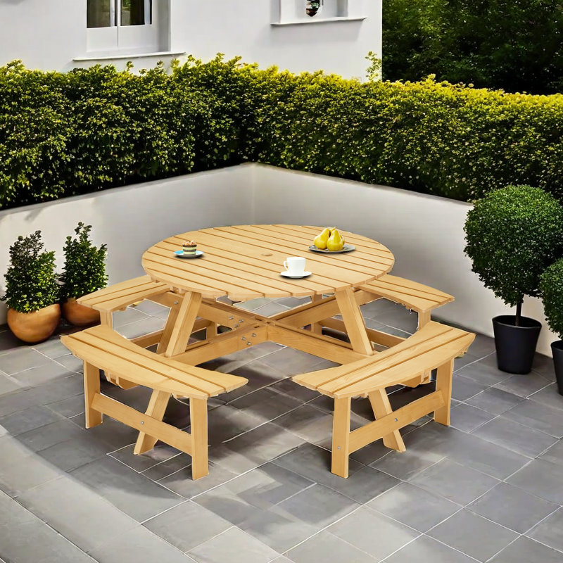 Arlmont & Co. Tanaiya Outdoor 8-Person Round Picnic Table with 4 Built ...