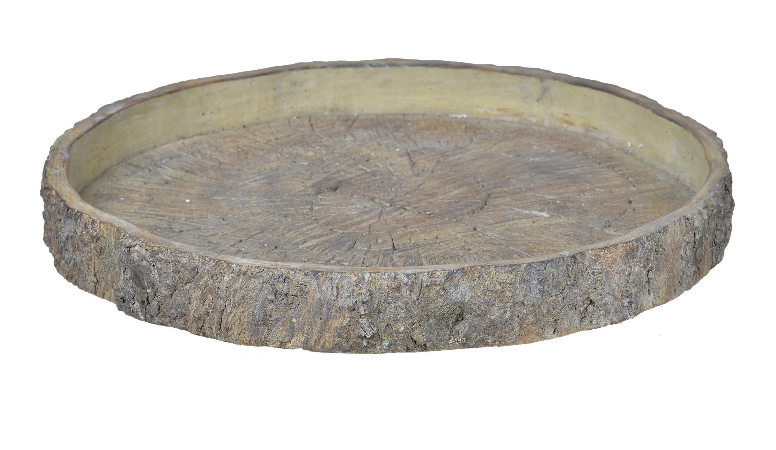 Millwood Pines Round Shape Cemented Log Plate With Distressed Details ...
