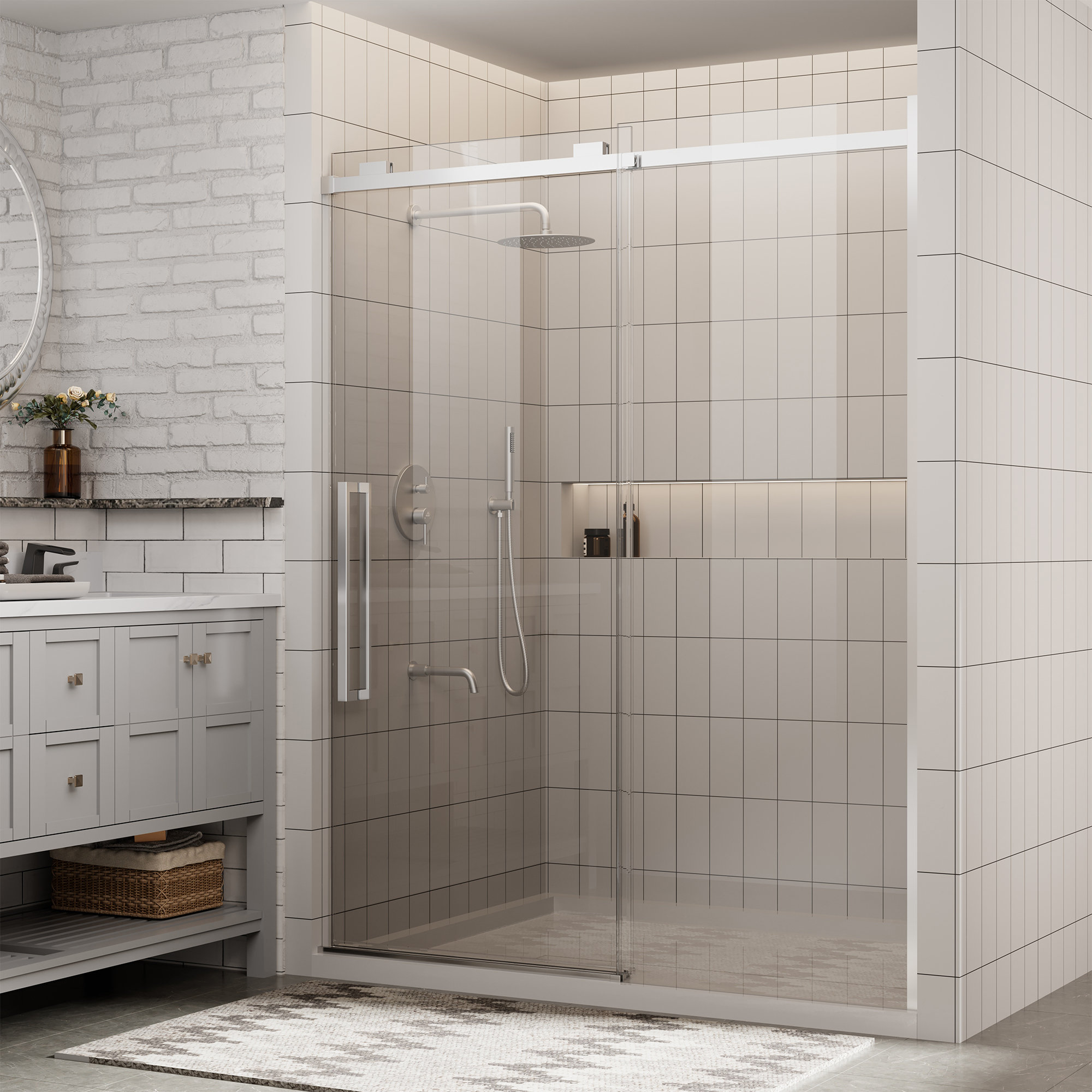 CASAINC 56"-60"W x 76" H Reversible Frameless Single Sliding Shower ...