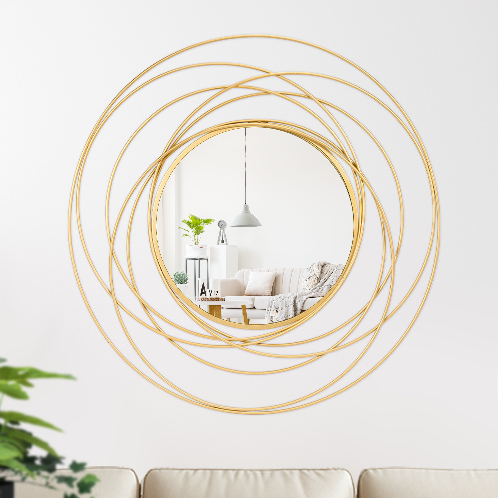 Mercer41 30" Modern Gold Metal Round Large Decorative Wall Mirror with ...