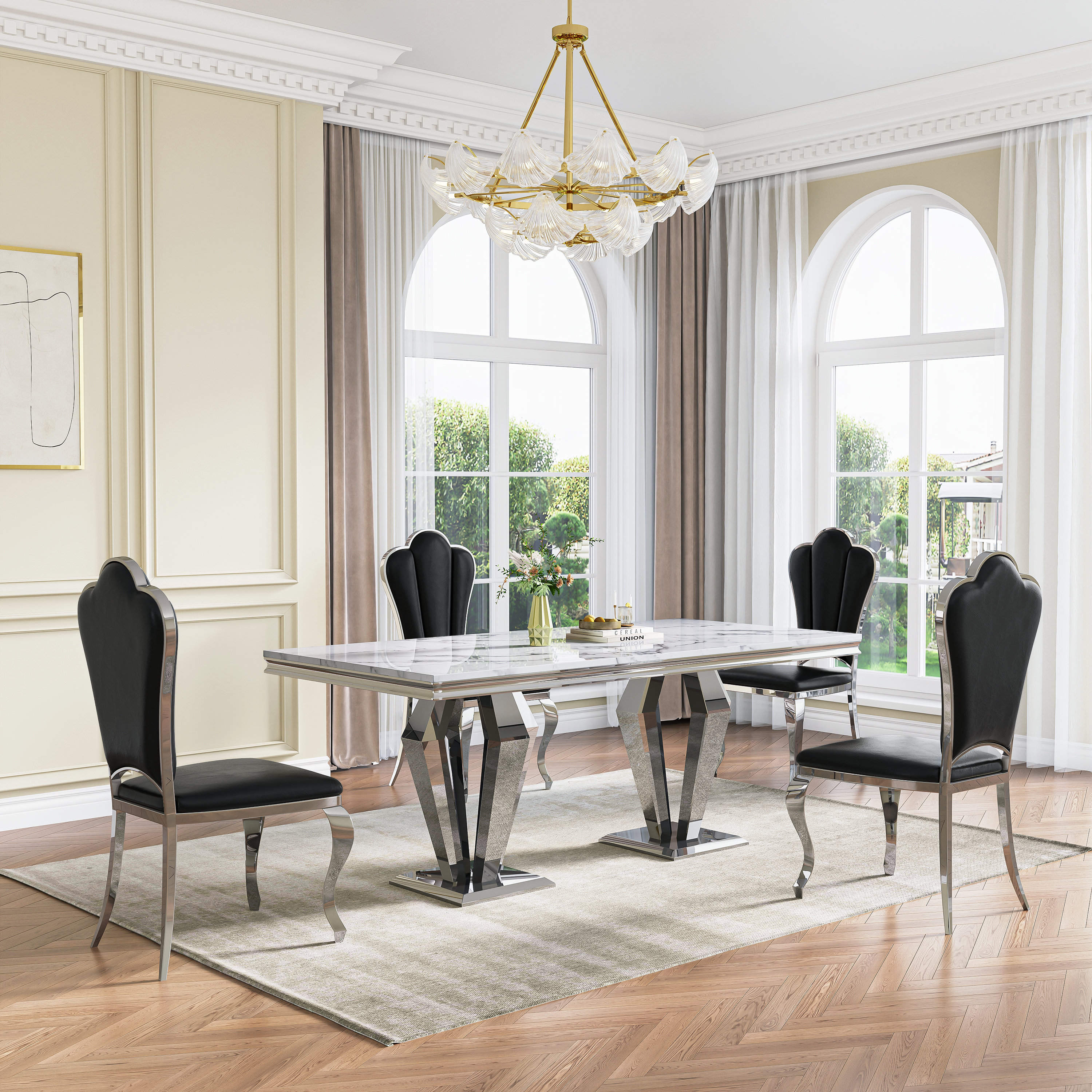 House of Hampton® Faux Marble Top Metal Base Dining Table Set | Wayfair